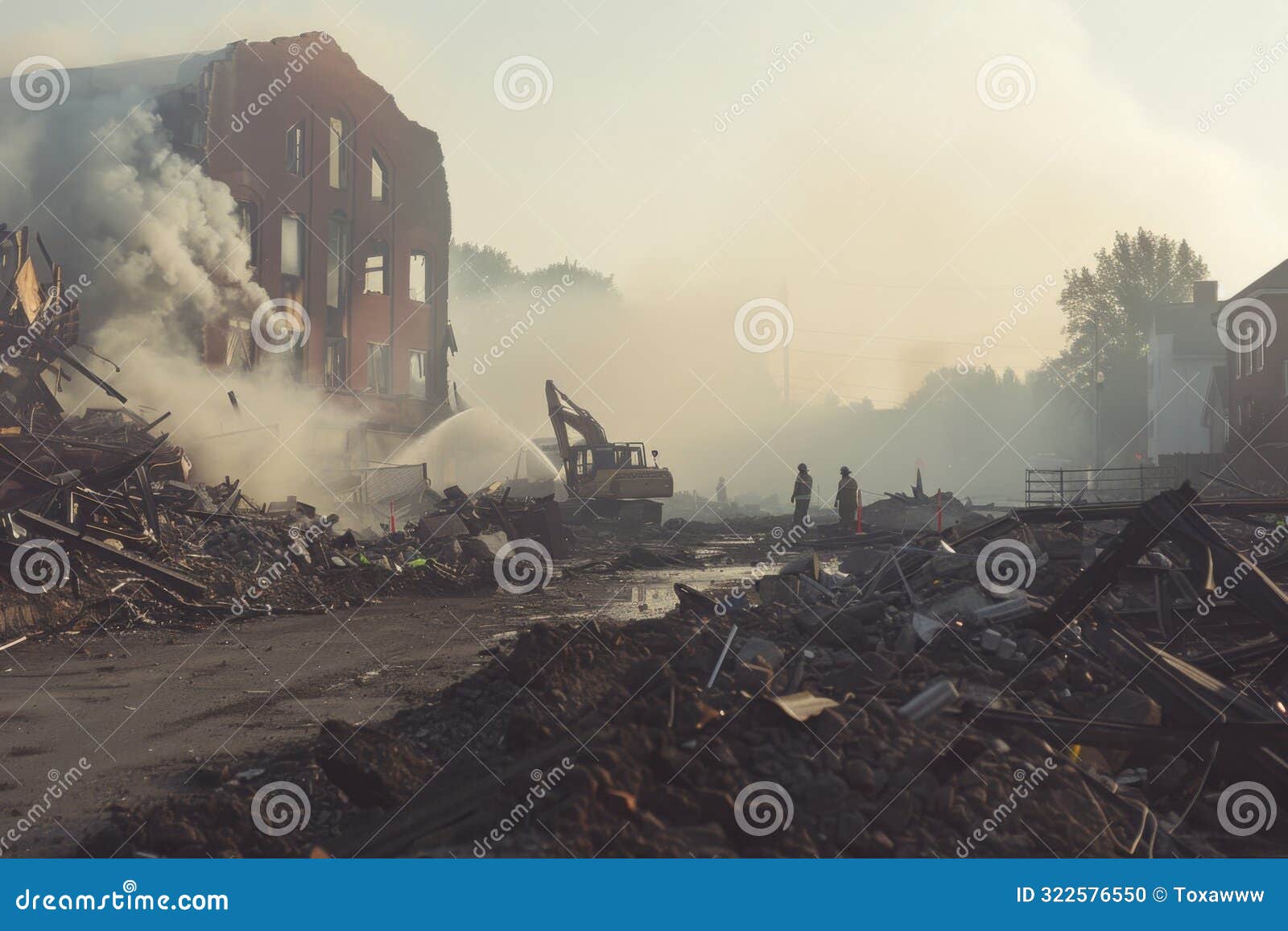 Aftermath of Building Fire and Collapse with Rescue Workers Stock Photo ...