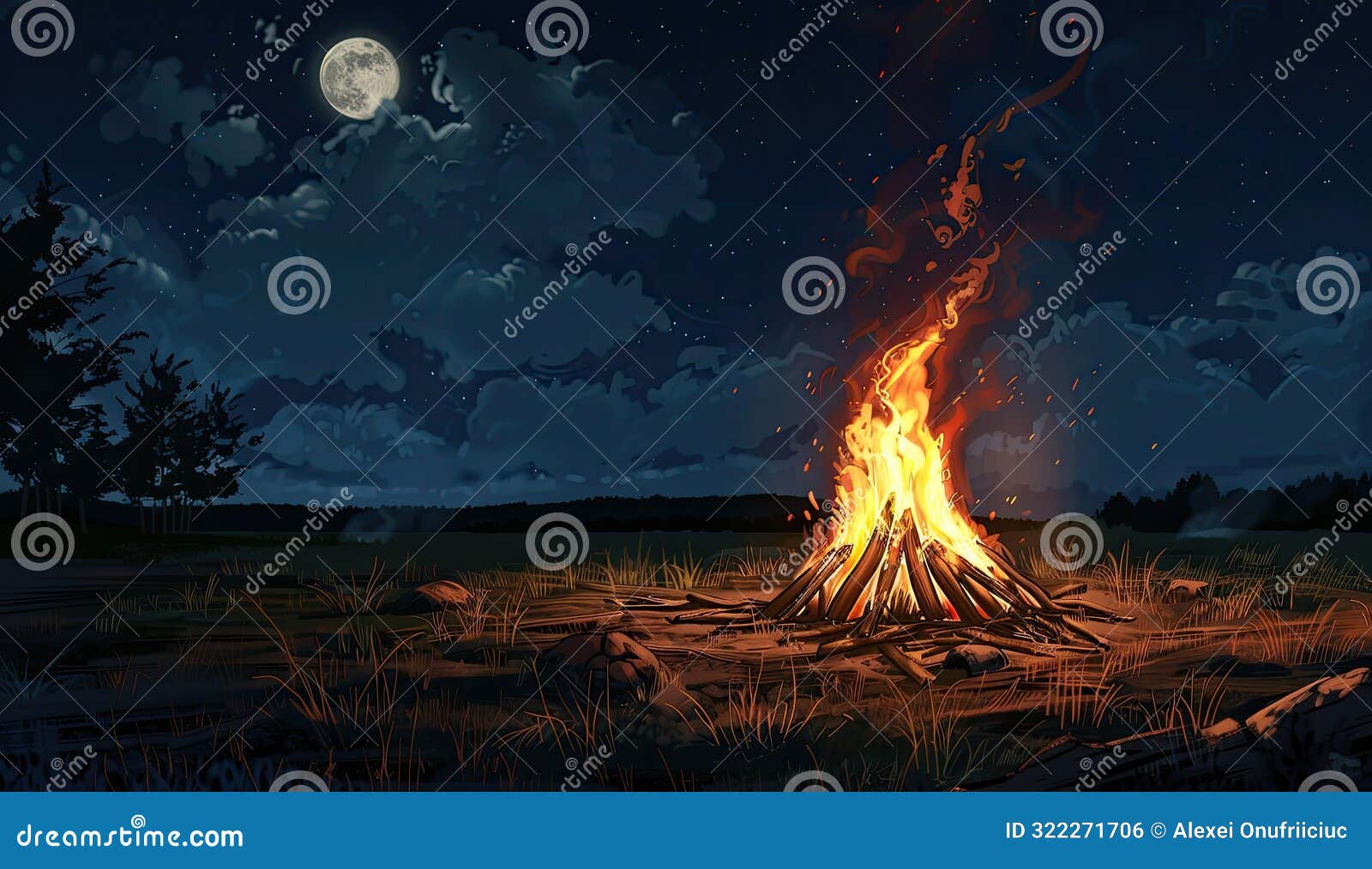 The Scene Shows a Campfire Burning in a Field Under the Full Moonlight ...