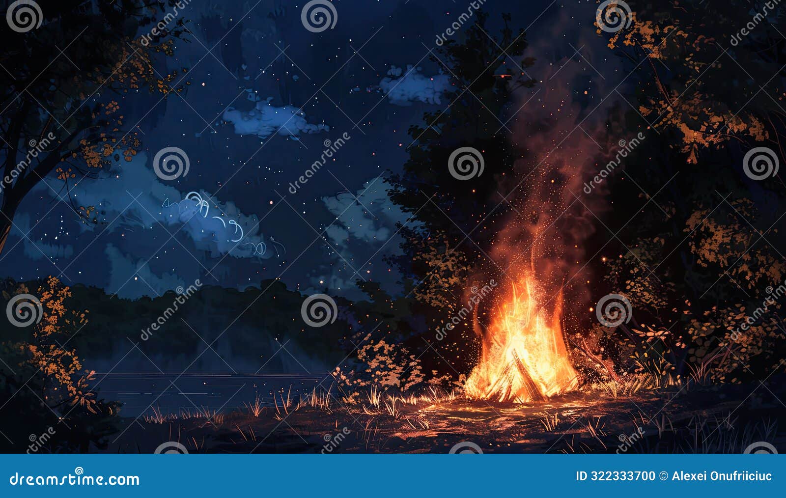 The Scene Shows a Campfire Burning in a Field Under the Full Moonlight ...