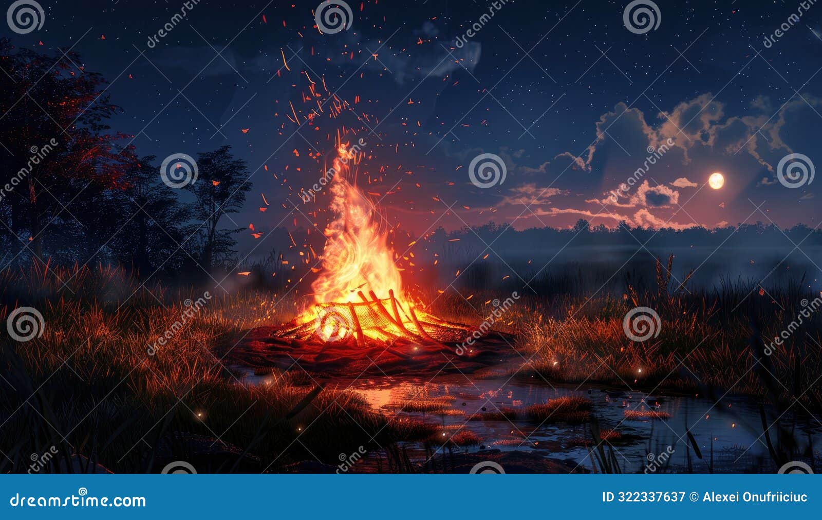 The Scene Shows a Campfire Burning in a Field Under the Full Moonlight ...