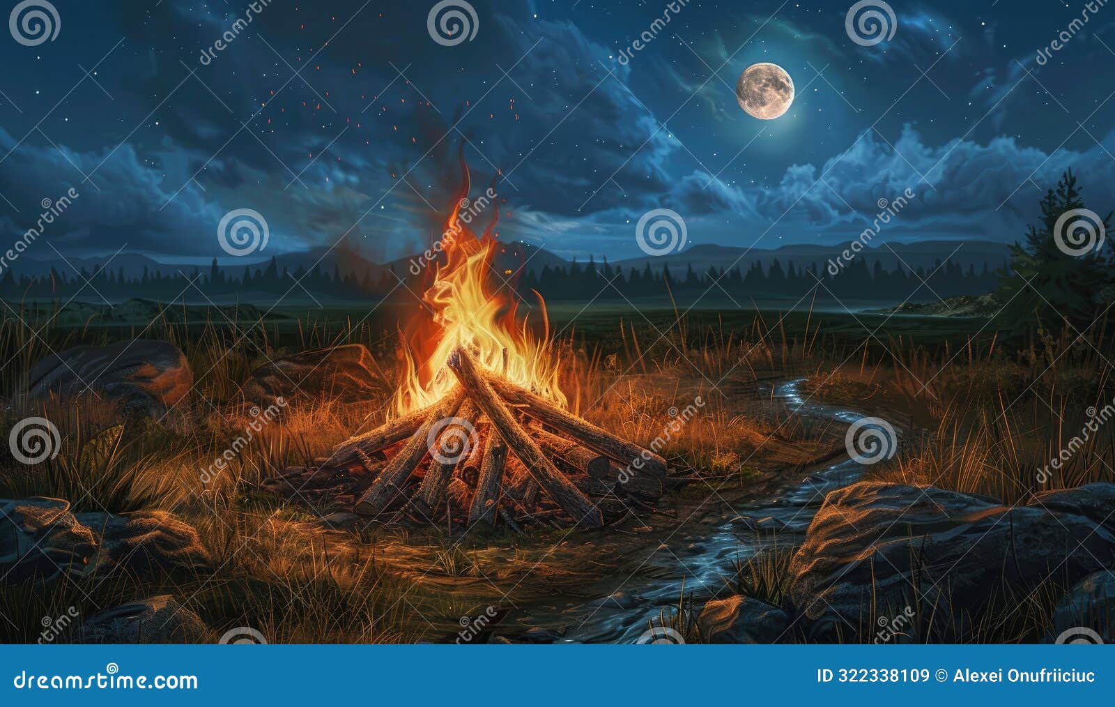 The Scene Shows a Campfire Burning in a Field Under the Full Moonlight ...