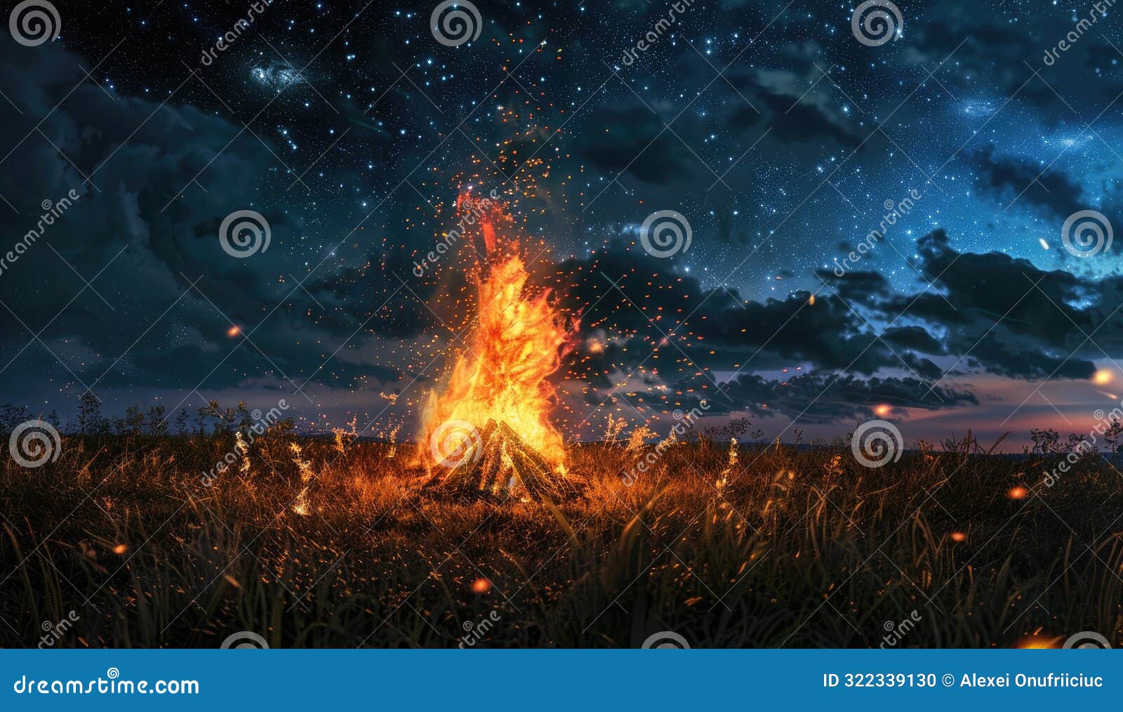 The Scene Shows a Campfire Burning in a Field Under the Full Moonlight ...