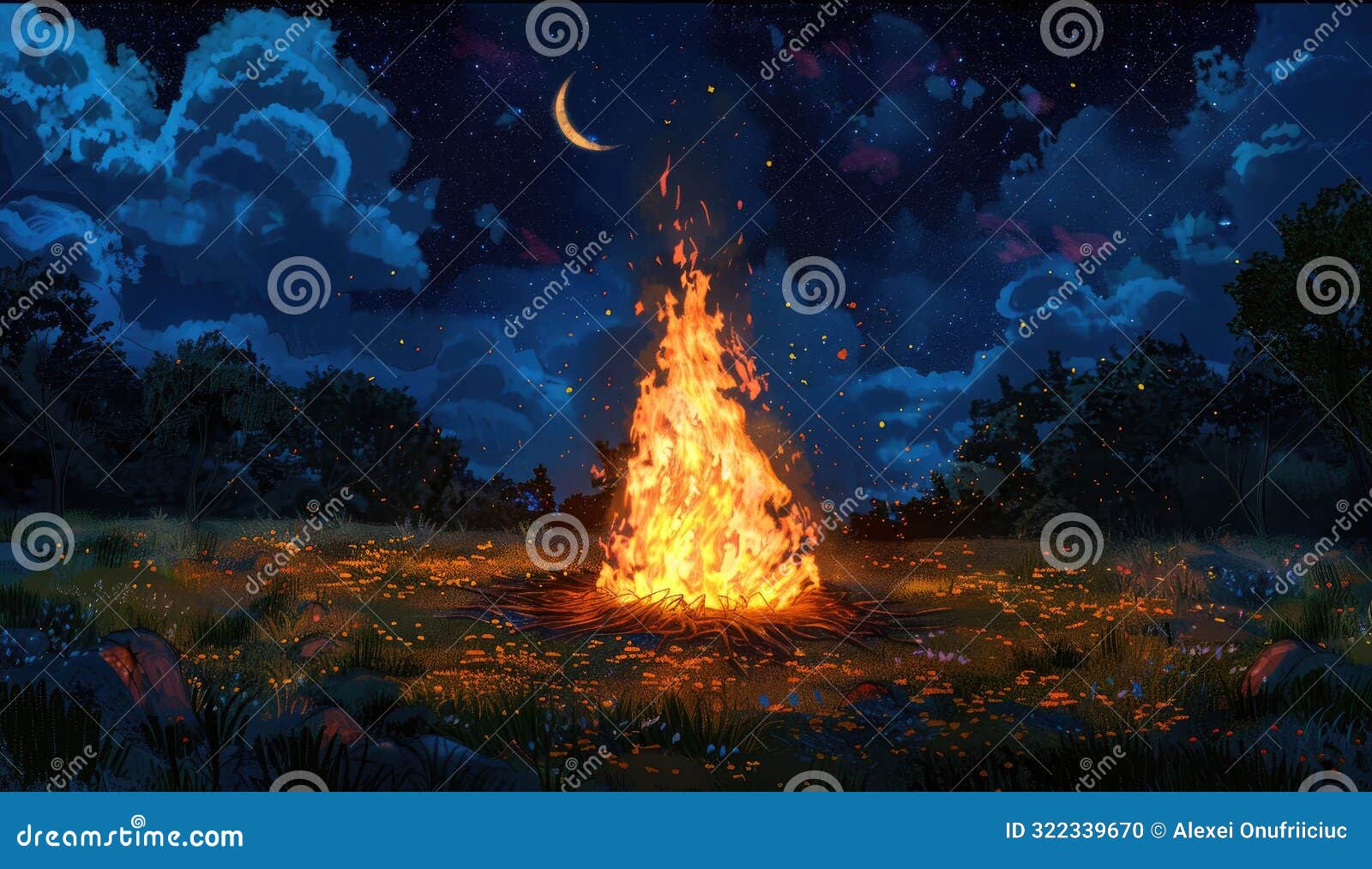 The Scene Shows a Campfire Burning in a Field Under the Full Moonlight ...