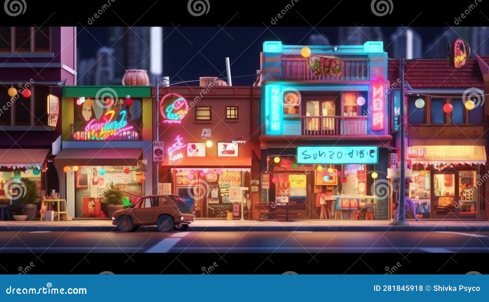 The Scene of the Snack Street with Various Shops Stock Illustration ...