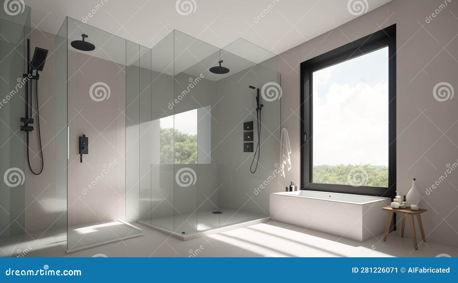 A Scene of a Striking Bathroom with a Large Window and a Walk in Shower ...