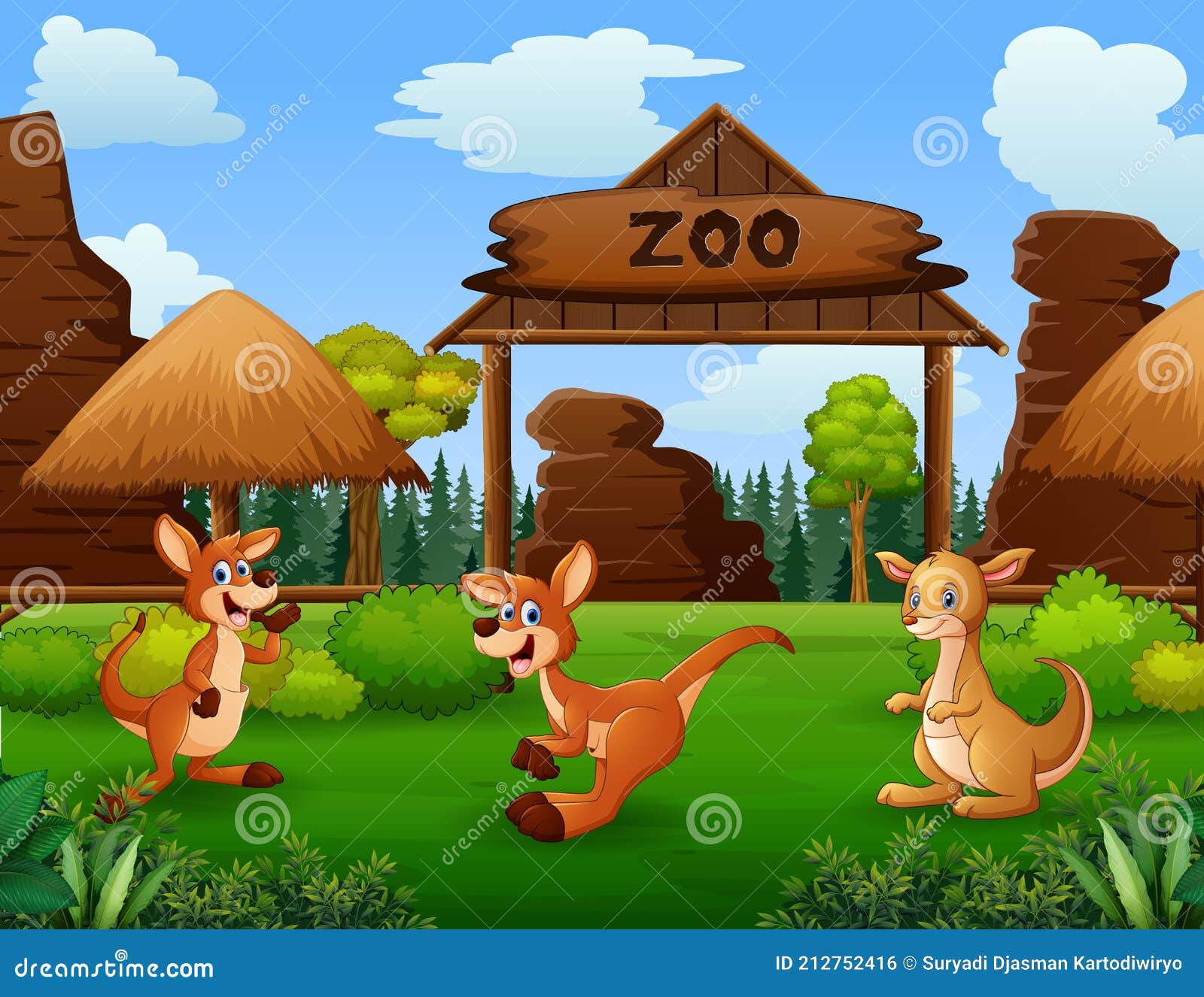 Three Kangaroos As A Silhouette And Boab Tree With Birds Flying Around ...