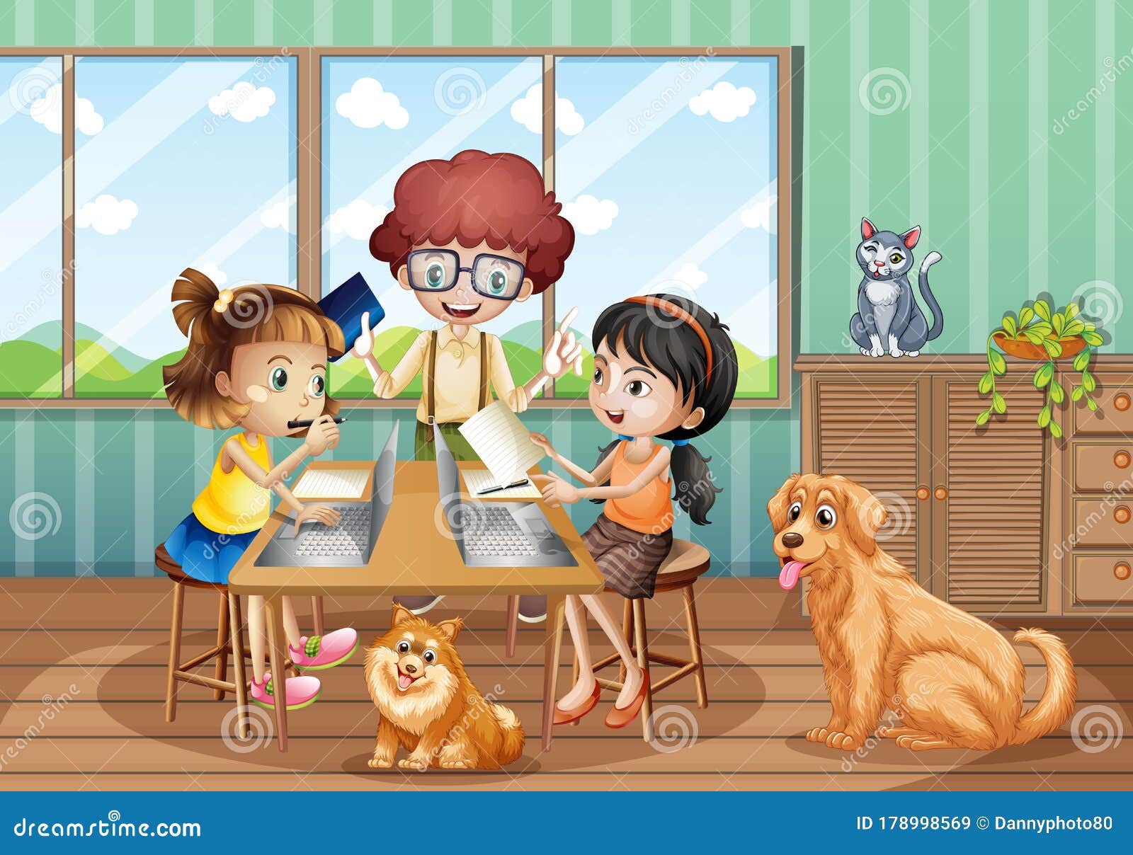 Kids Art-working Process. Kids Creativity Illustration. Girl Keeps ...