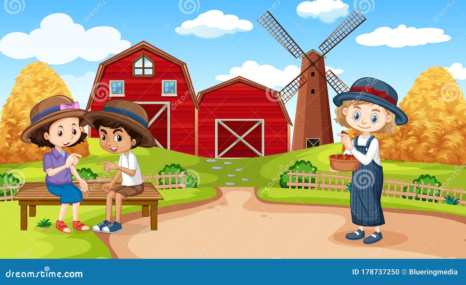 Scene with Three Kids Working on the Farm Stock Illustration ...