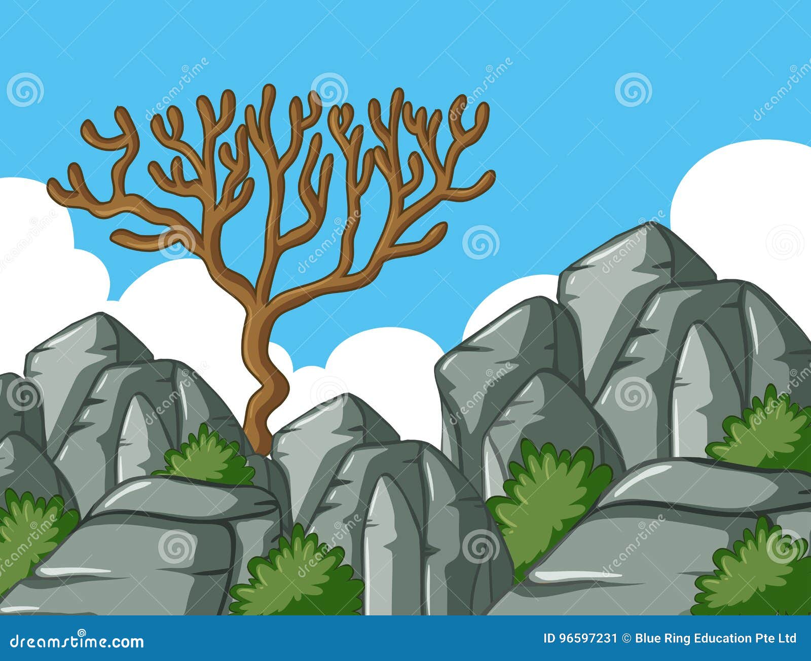 Scene with tree and rocks stock vector. Illustration of mountain - 96597231