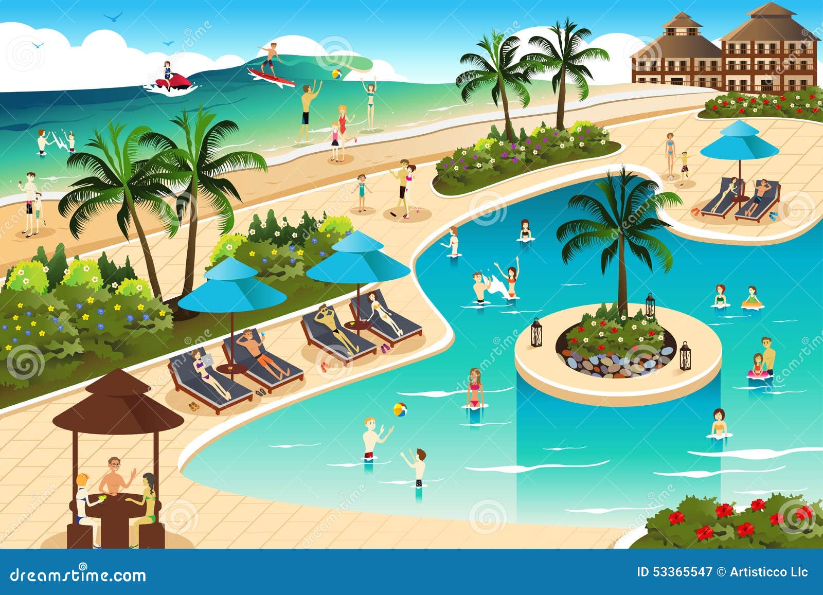 Scene in a tropical resort stock vector. Illustration of modern - 53365547