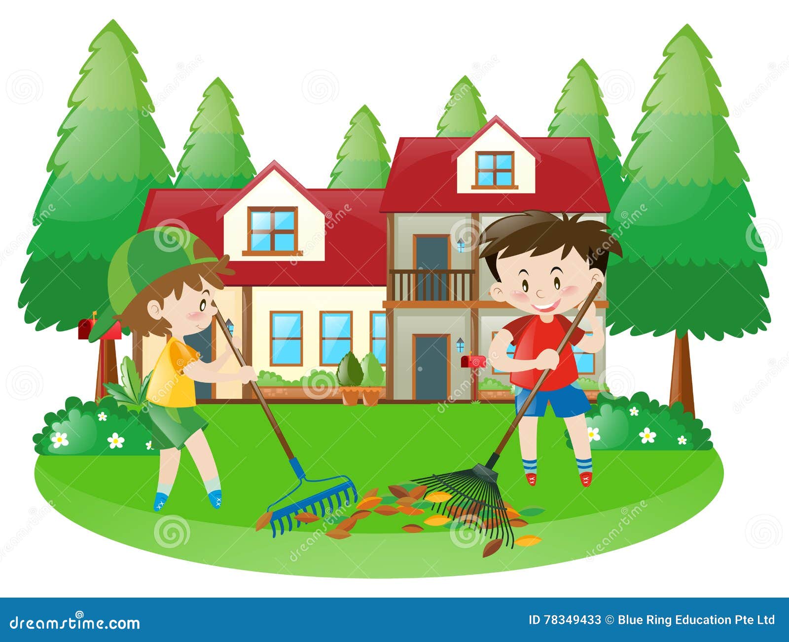 Scene with Two Boys Raking Dried Leaves Stock Vector - Illustration of ...