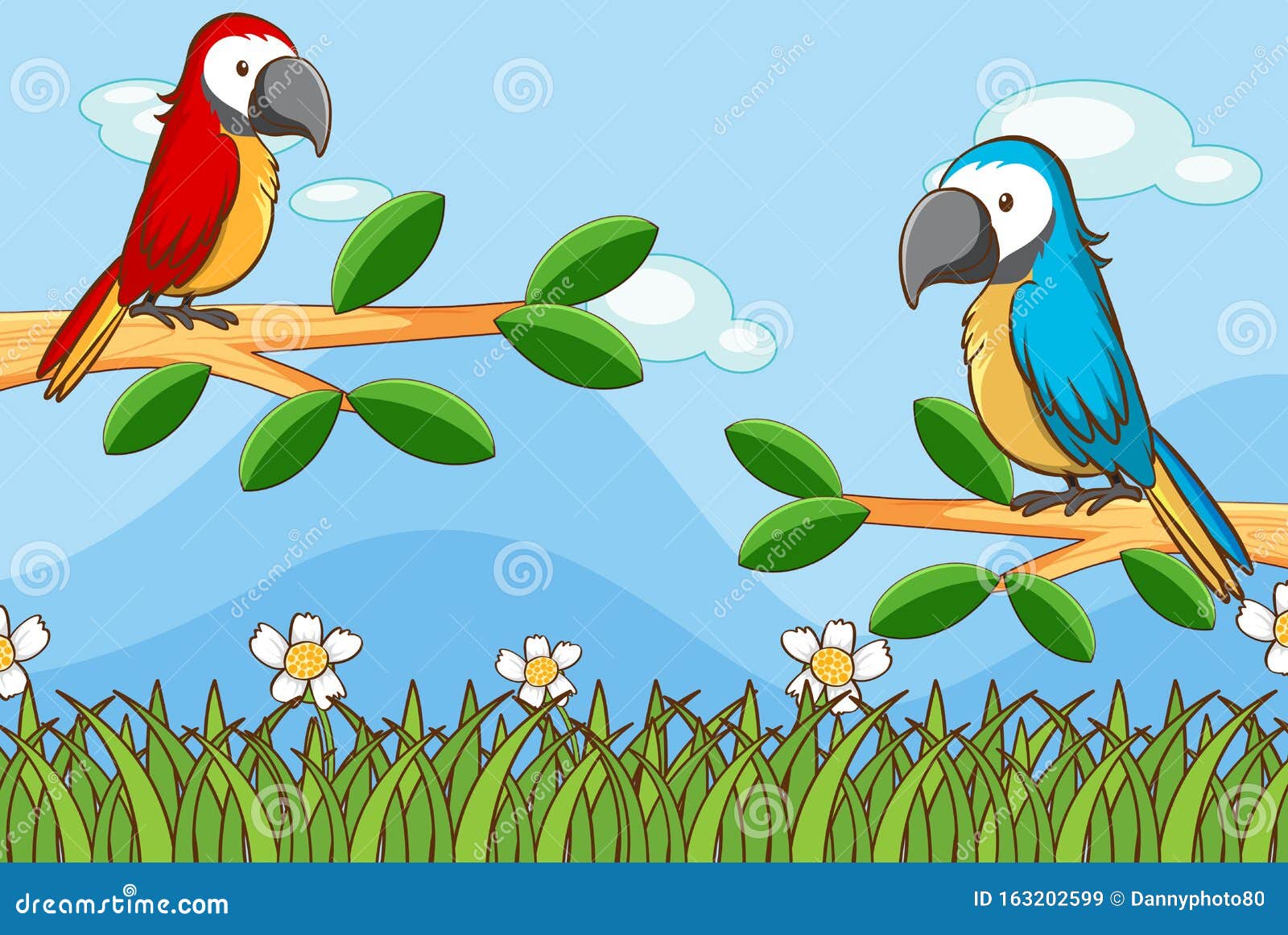 Scene with Two Parrots in Garden Stock Illustration - Illustration of ...