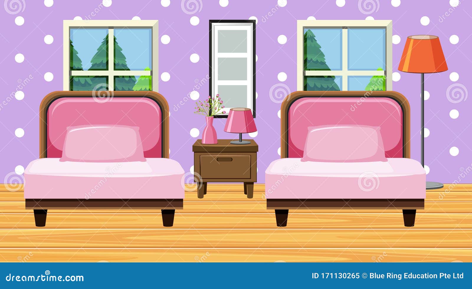 Scene with Two Pink Beds in the Room Stock Illustration - Illustration ...