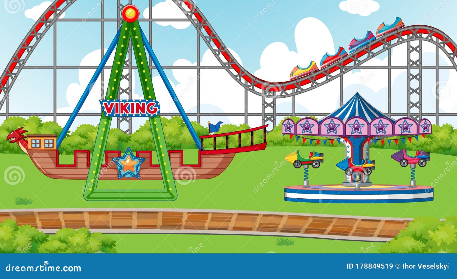 Scene with Viking Ship and Roller Coaster in the Fair Stock Image ...