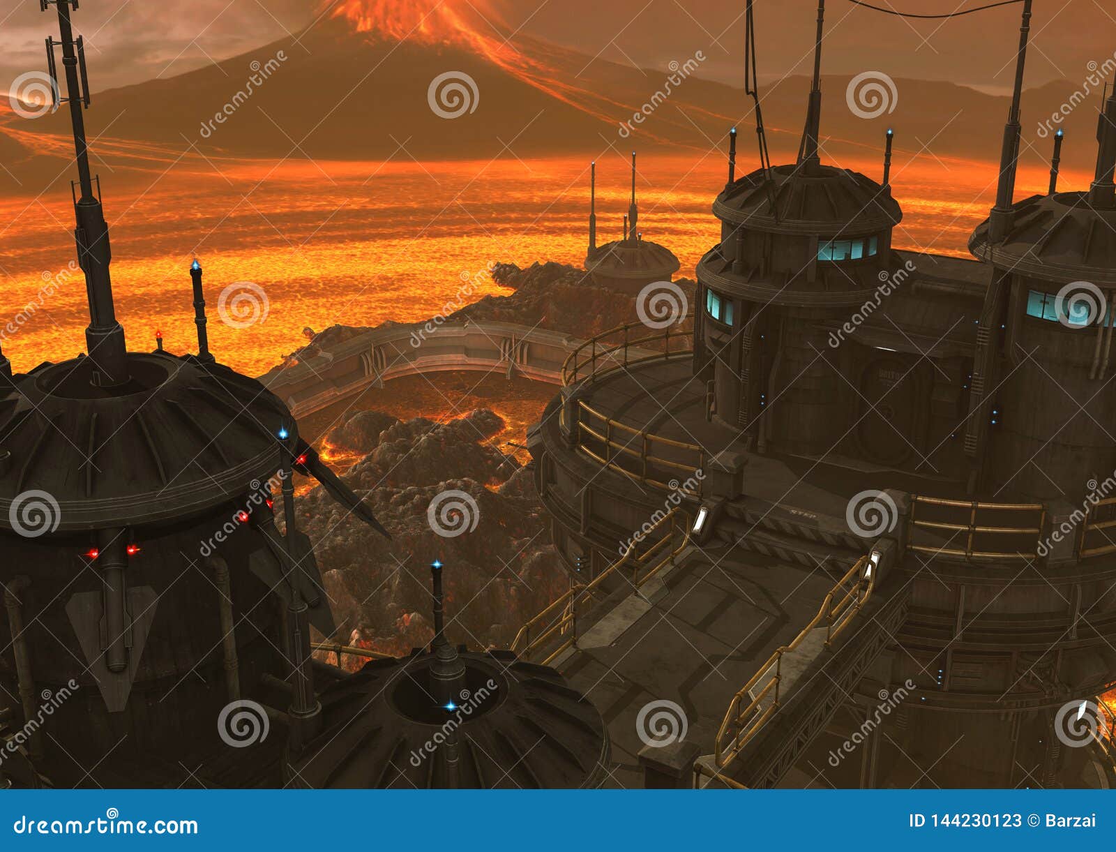 A Place with a Volcano and a Sci-fi Building. Stock Illustration ...