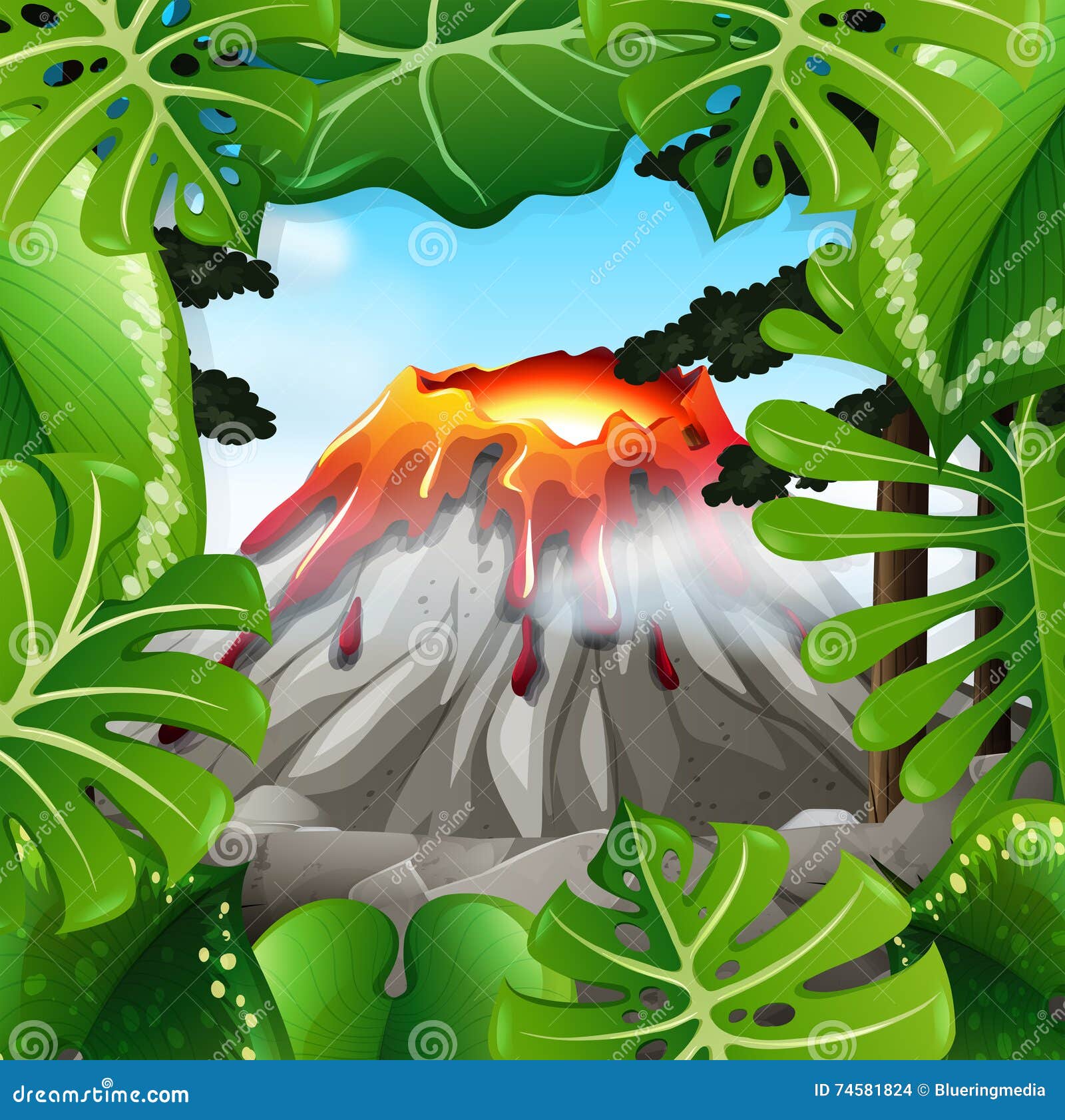 Scene with Volcano with Lava Stock Vector - Illustration of tropical ...