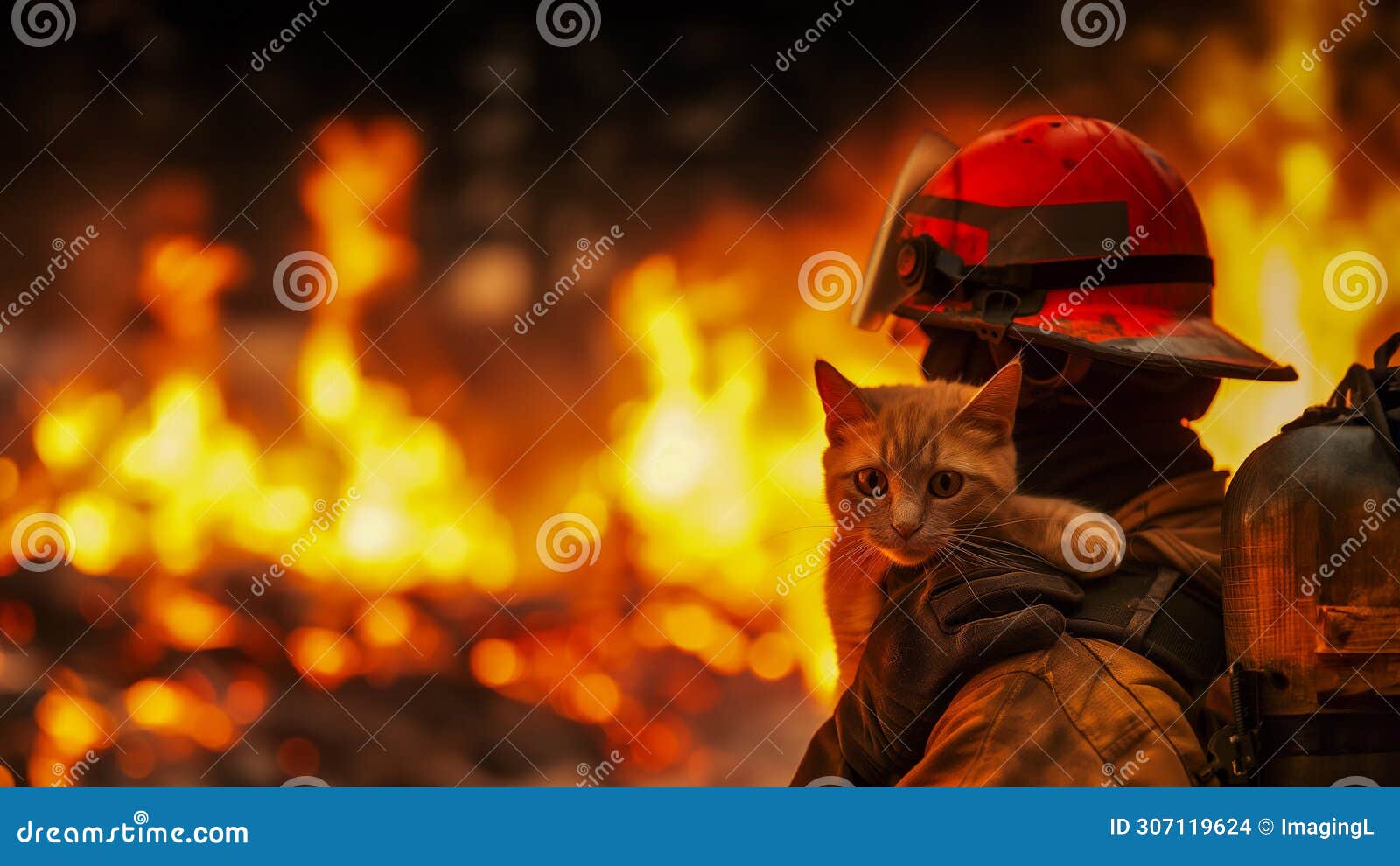A Scene Where Firefighters Save a Cat at a Fire Scene. an Image of Kind ...