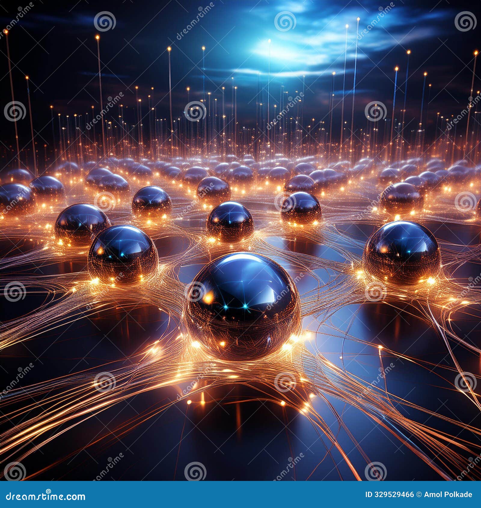 A Scene Where Glass Balls are Connected by Glowing Electric Currents ...