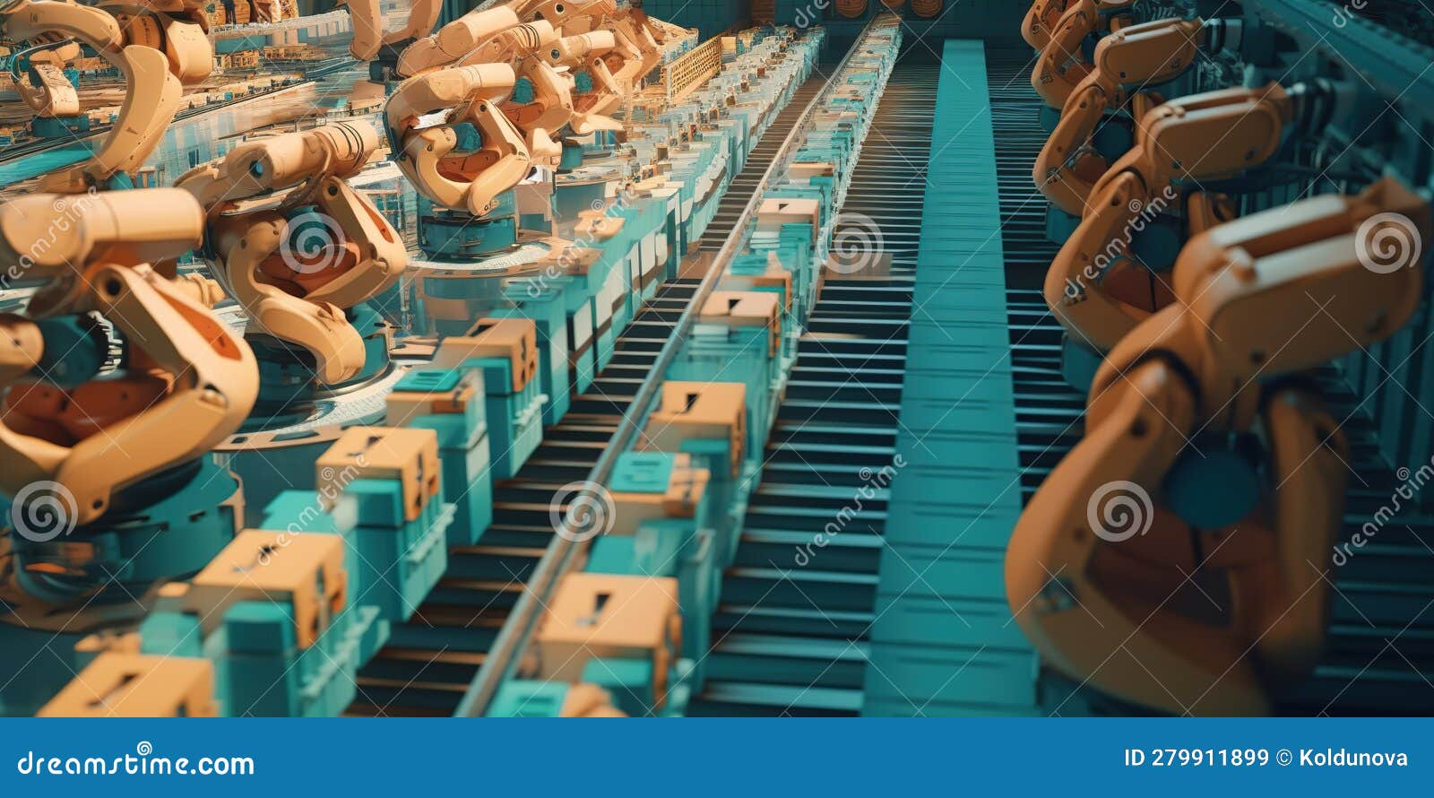 A Scene Where Robot Arms Work in Harmony with a Conveyor, Showcasing ...