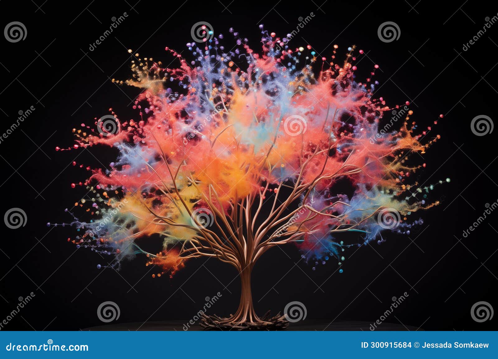 Scene Where a Willow-shaped Tree is Adorned with Multicolored Fireworks ...