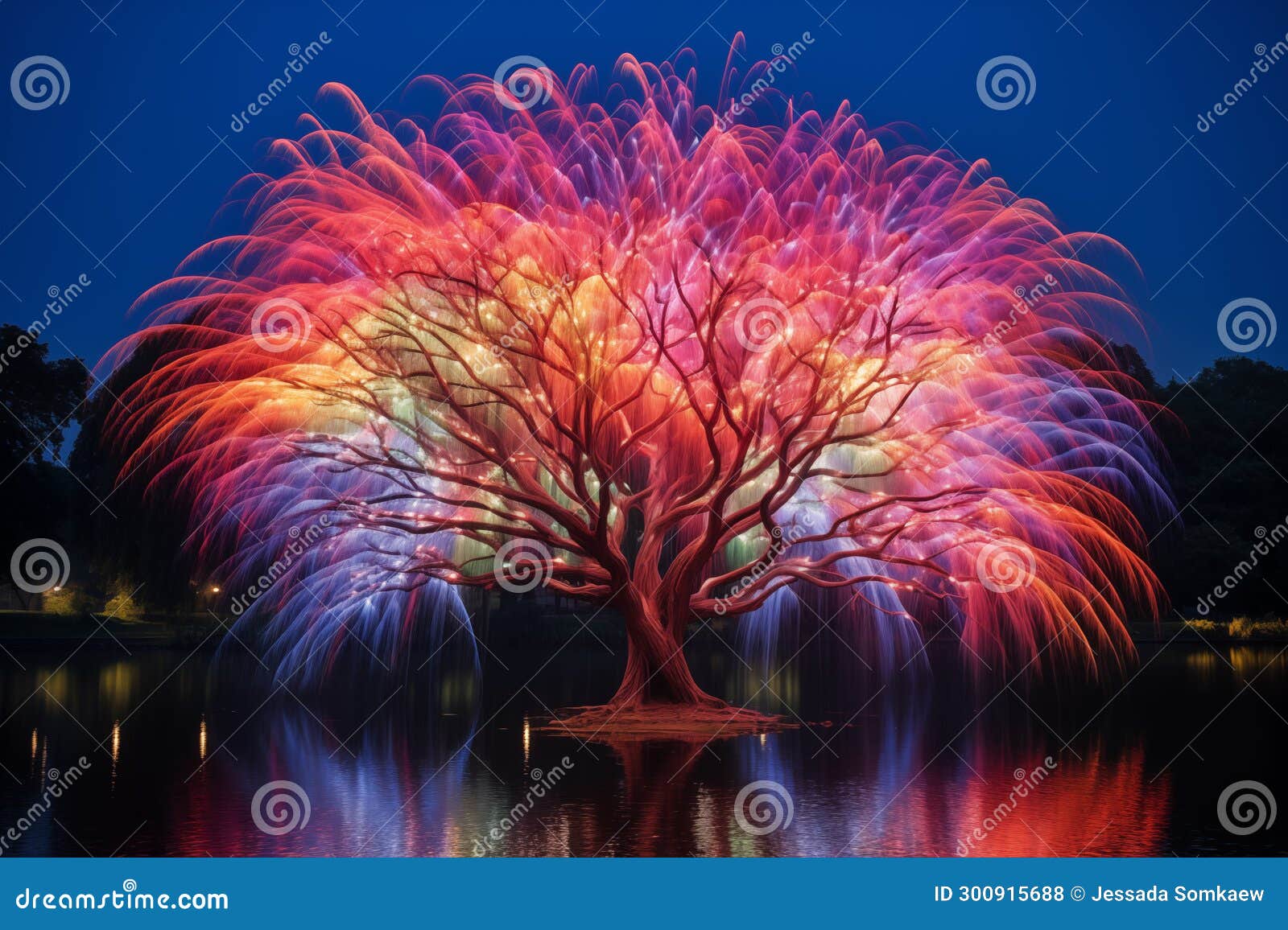 Scene Where a Willow-shaped Tree is Adorned with Multicolored Fireworks ...