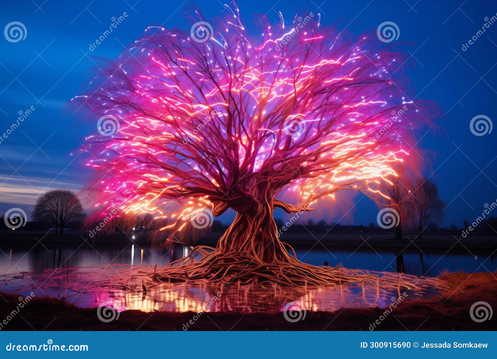 Scene Where a Willow-shaped Tree is Adorned with Multicolored Fireworks ...