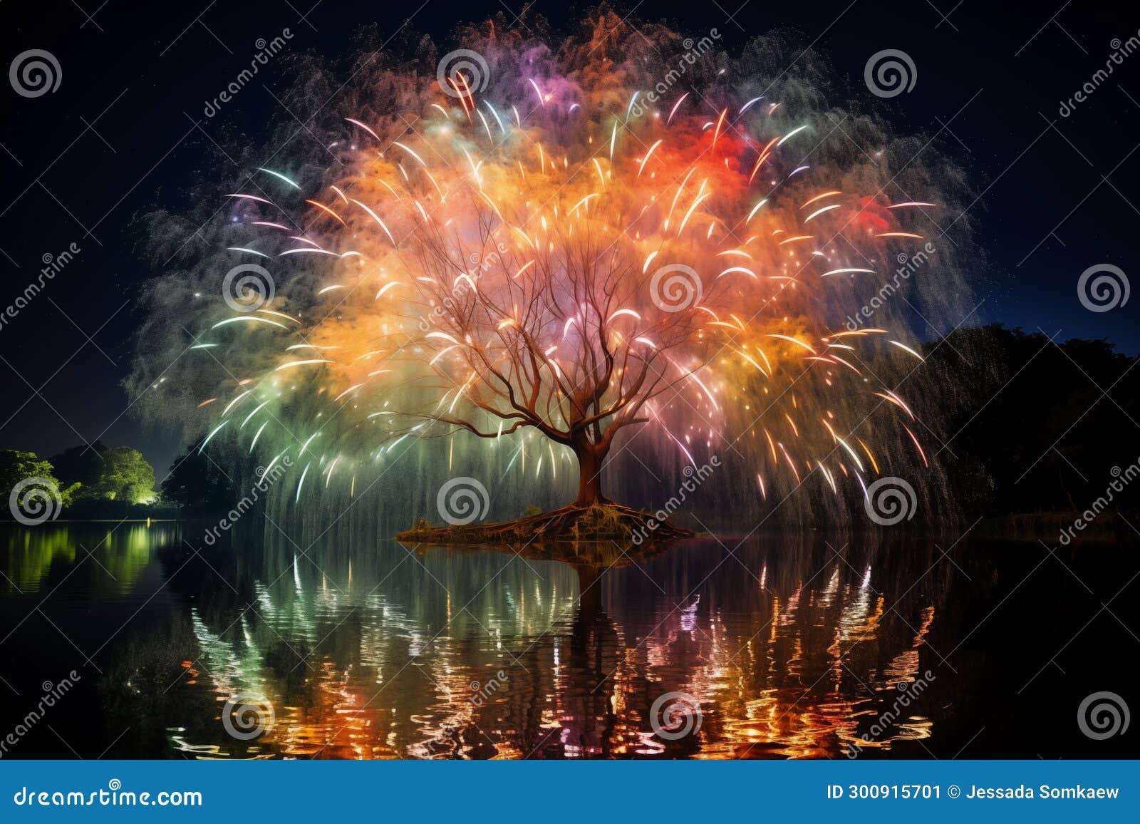 Scene Where a Willow-shaped Tree is Adorned with Multicolored Fireworks ...