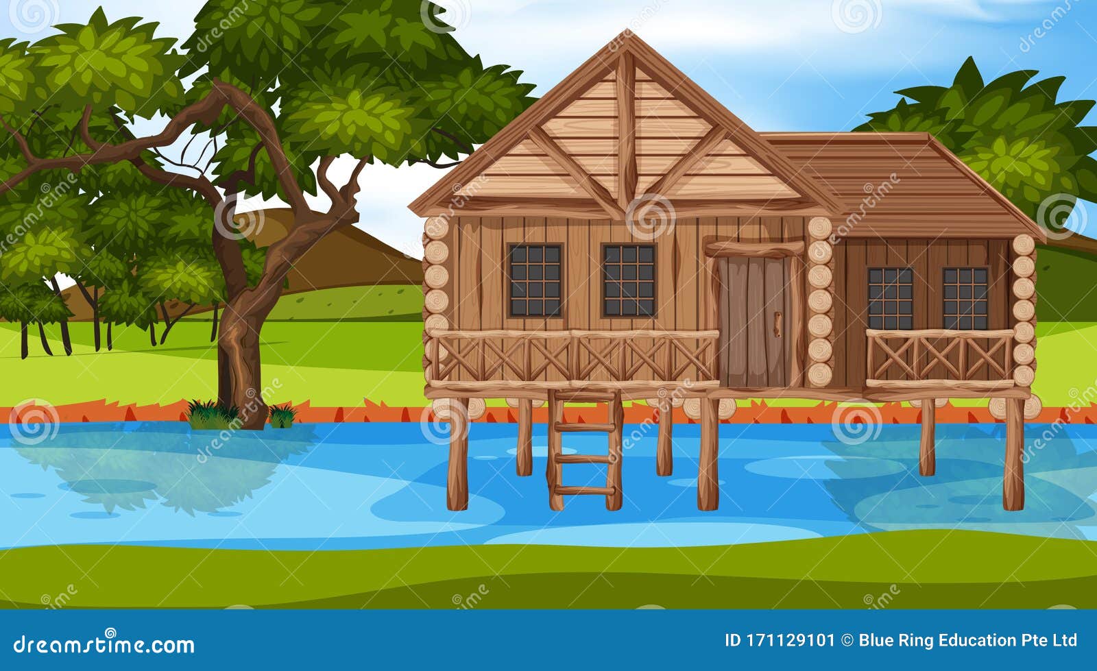 Scene with Wooden House in the River Stock Illustration - Illustration ...
