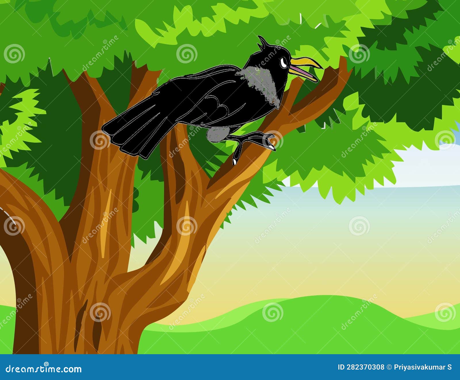 Scenery Crow Sitting on a Tree Branch - 1 Stock Illustration ...