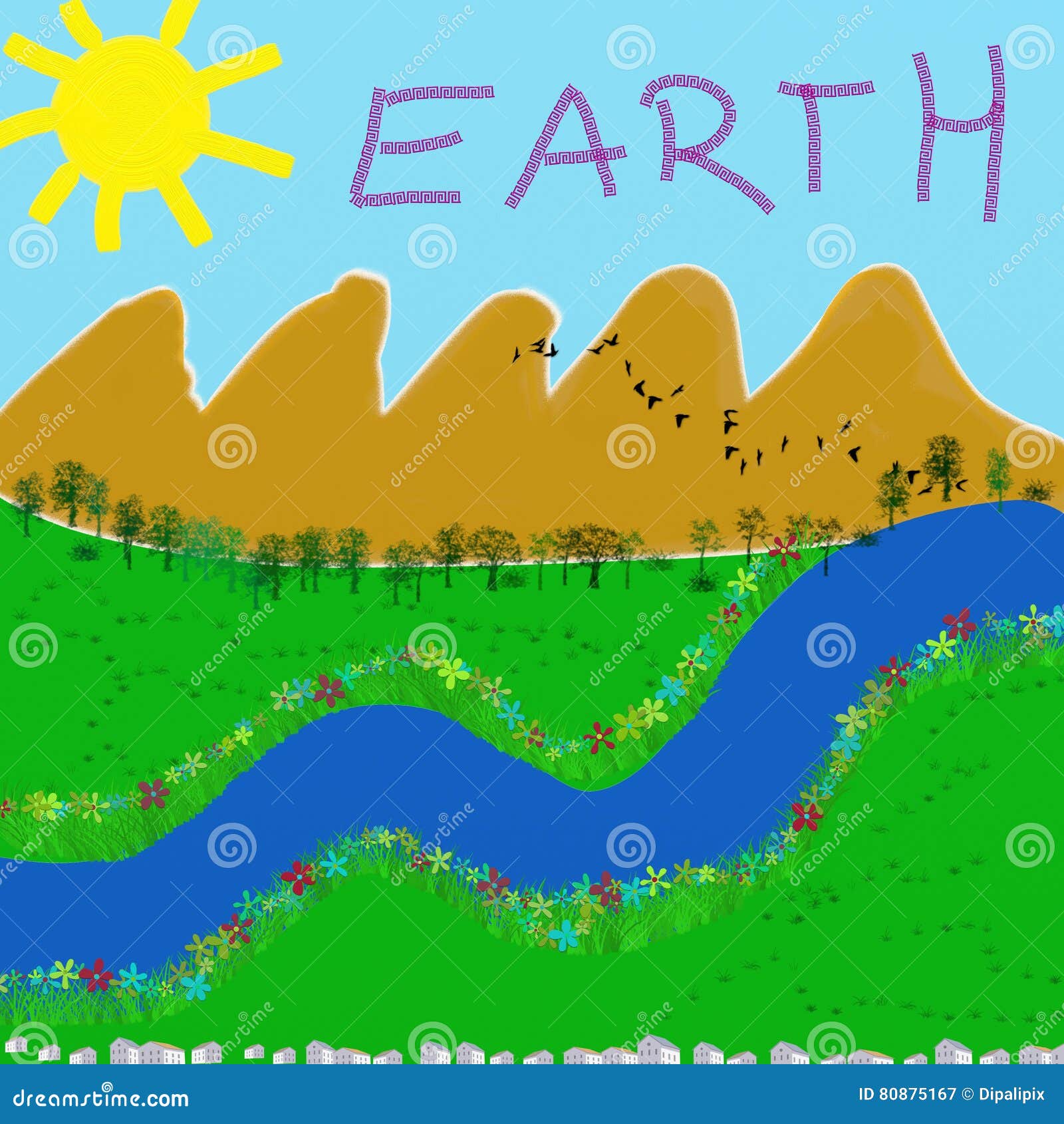 Scenery with Mountains and River with Text Earth Stock Illustration ...