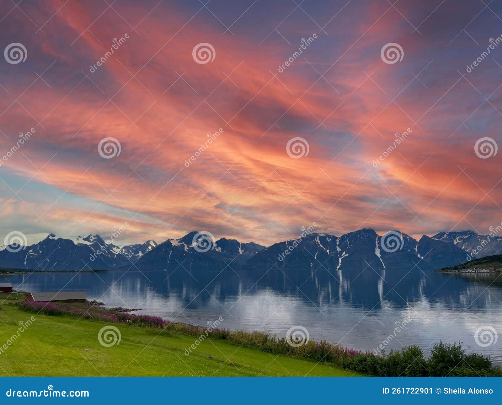 Scenery with Sunset in Nordic Snowy Mountains with Reflection in a Lake ...