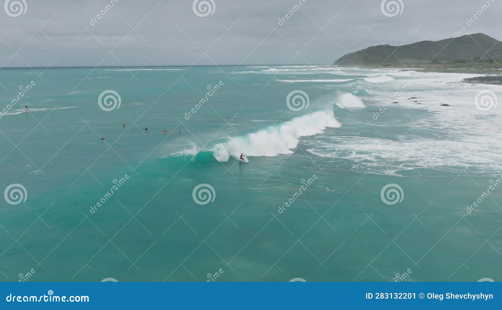 Surfer Riding Waves On Oahu Shore Athletic Men On Surfboard Catching