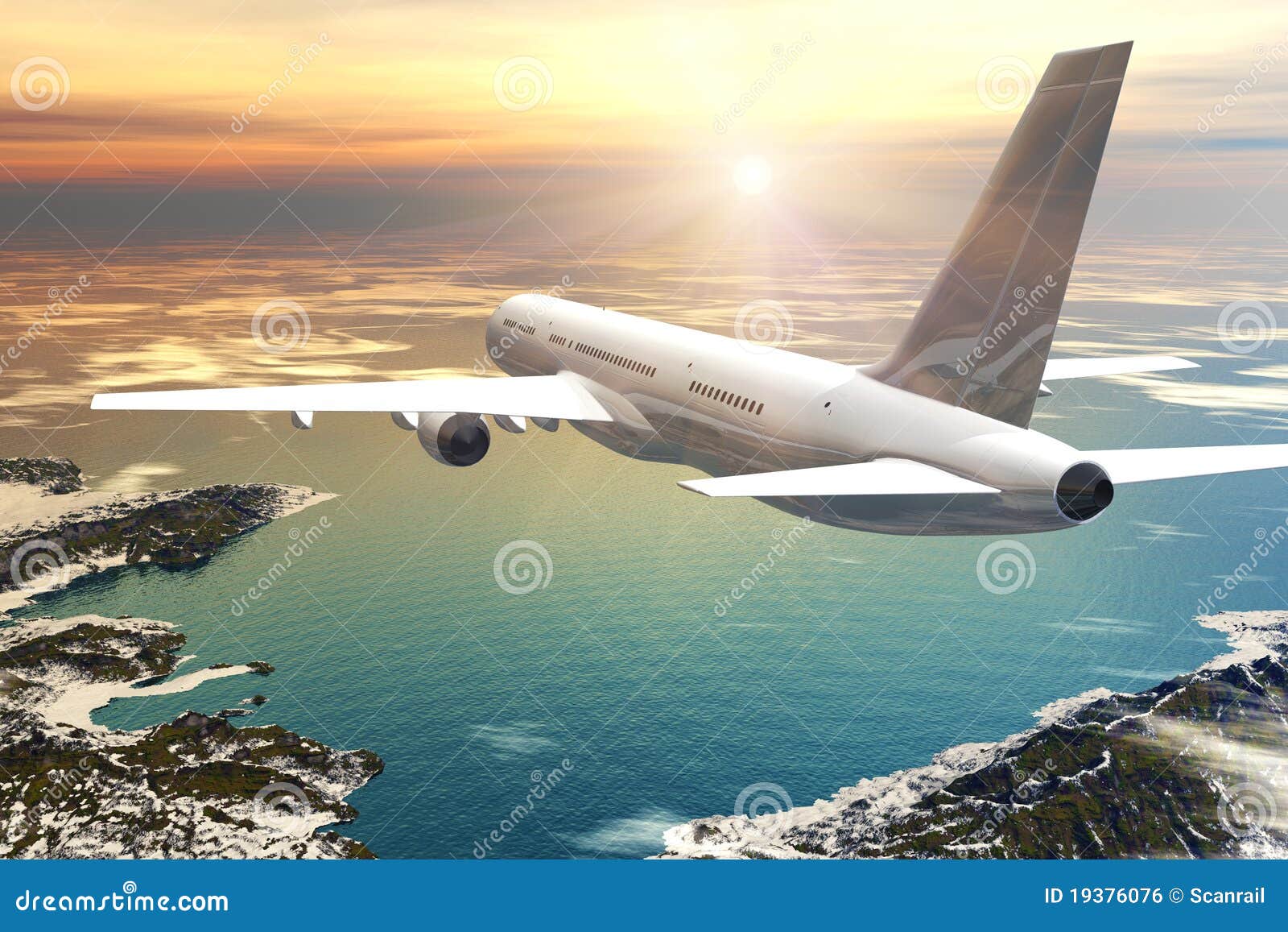 Scenic Airliner Flight in Sunset Stock Illustration - Illustration of ...