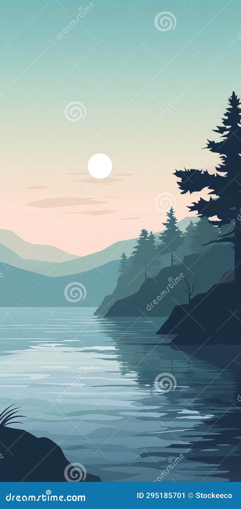 Tranquil Fjord Sunset: Minimalistic Lake Silhouette Vector Illustration ...