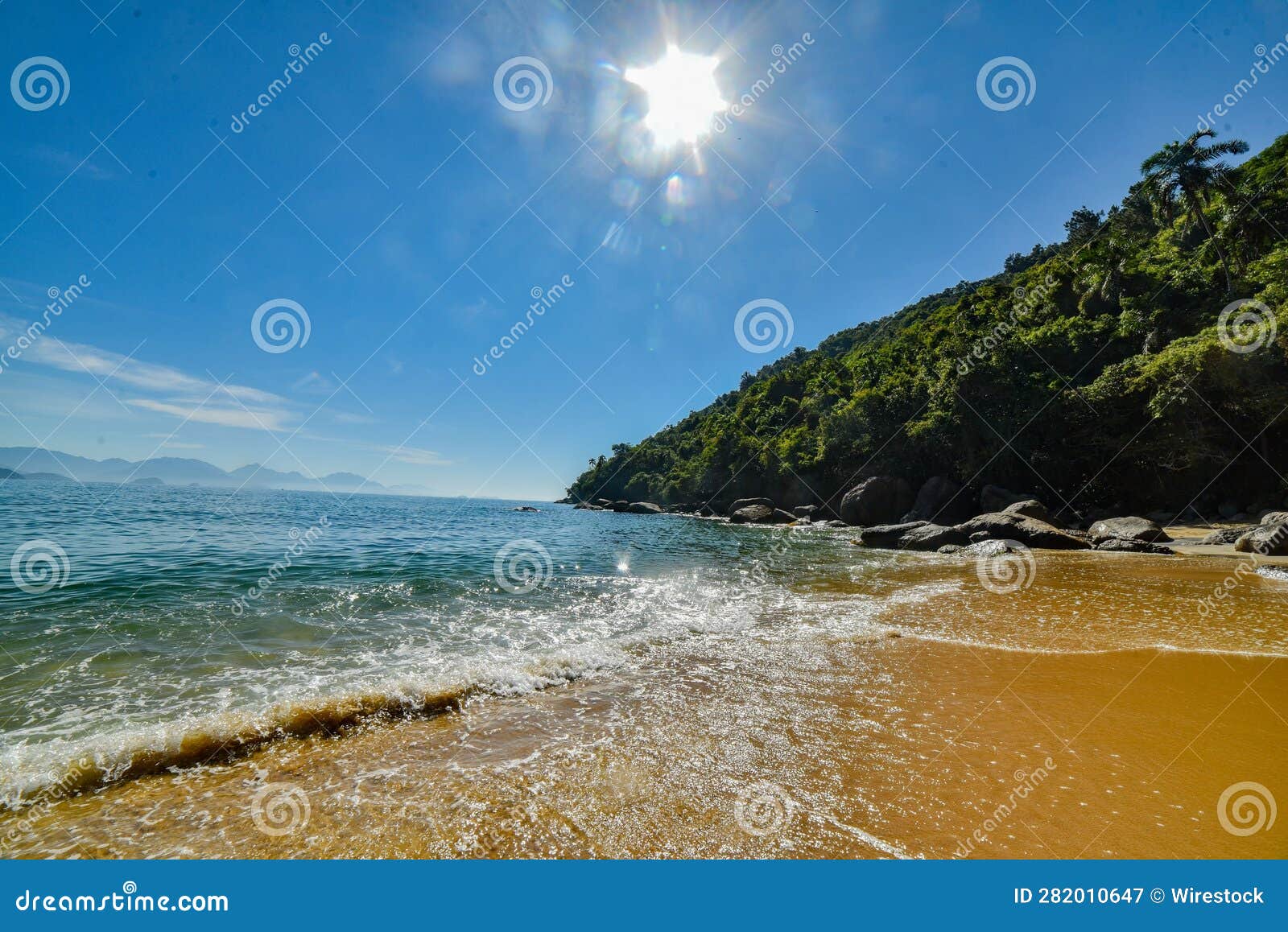 Scenic Beach with Rolling Waves Lapping the Shoreline and Lush Green ...