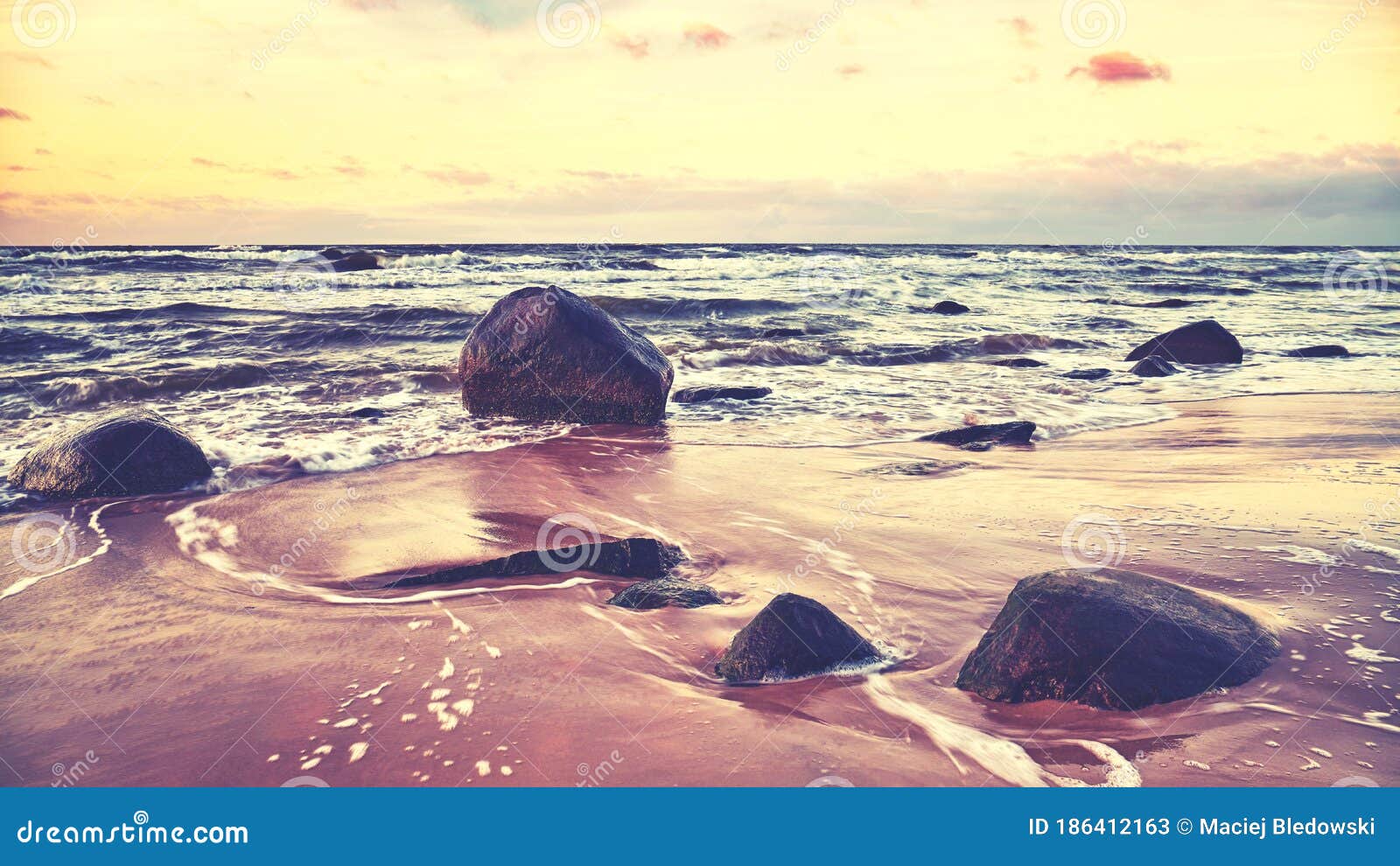 Scenic Beach with Stones at Sunset Stock Image - Image of retro, rock ...