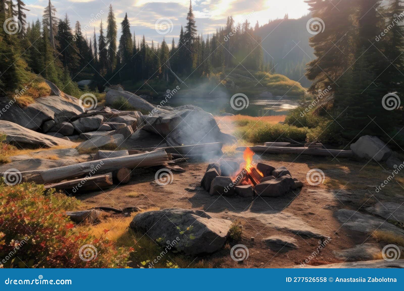 Scenic Campsite with Campfire. Generative AI Stock Illustration ...