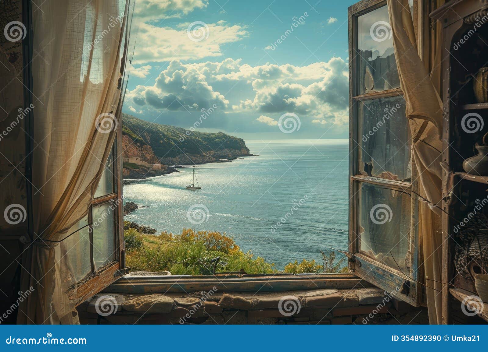 Scenic Coastal View through Rustic Window with Sailing Boat and Clouds ...