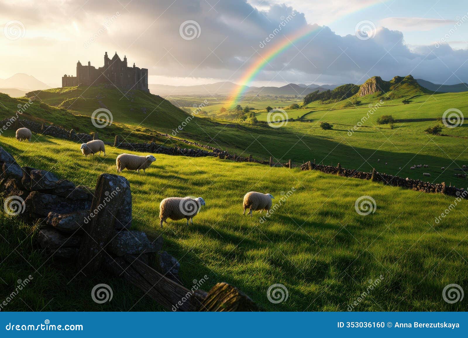 Scenic Countryside with Sheep, Castle, and Rainbow at Sunset Stock Photo - Image of sheep ...