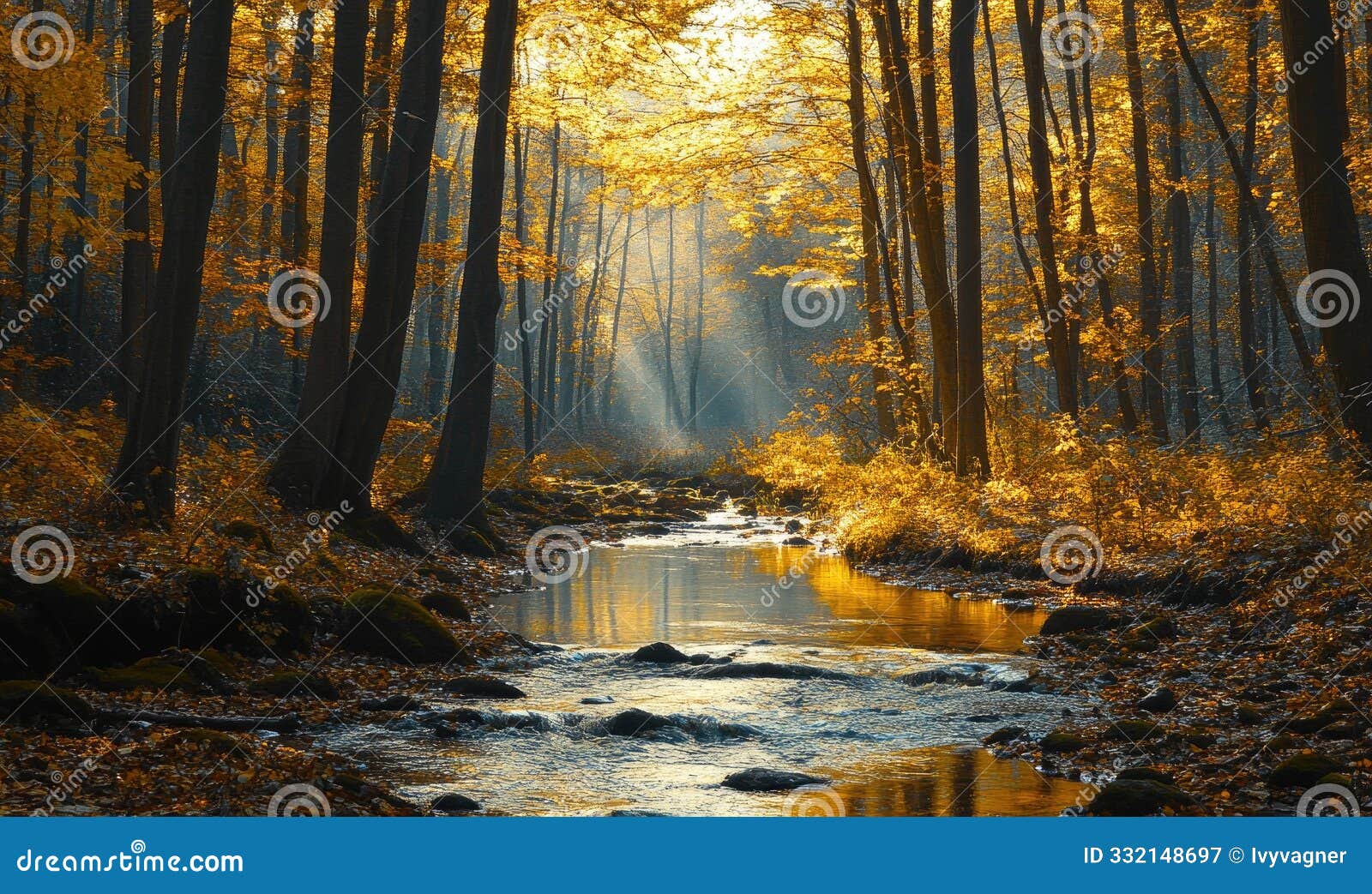 Scenic Fall Scenery, Dense Forest, Golden Leaves, Gentle Stream Stock ...
