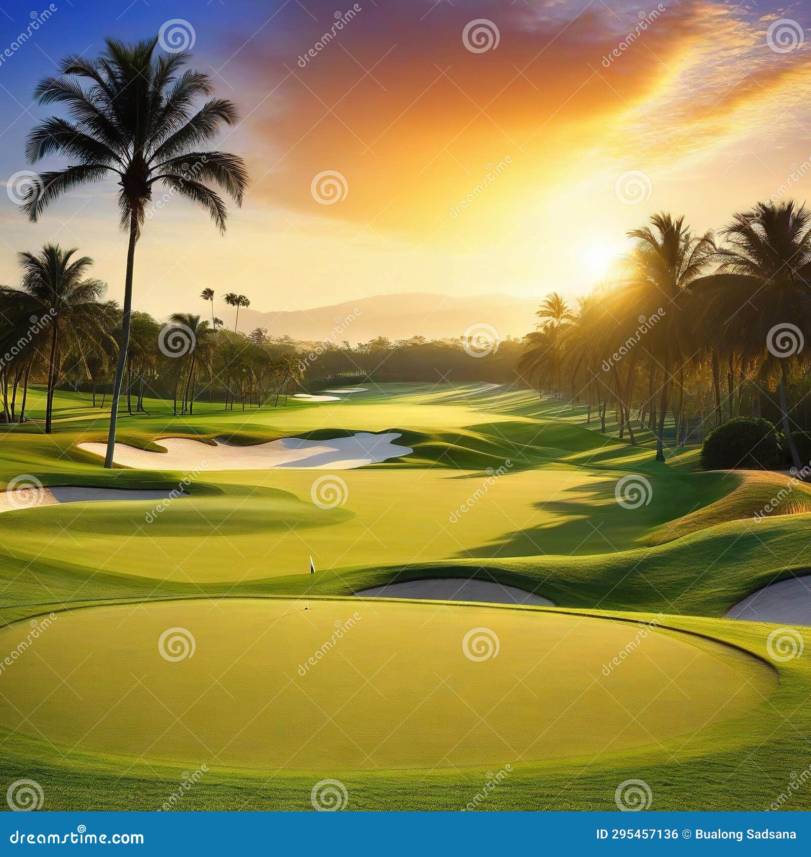 Scenic Golf Course with Palm Trees and Blue Stock Illustration ...