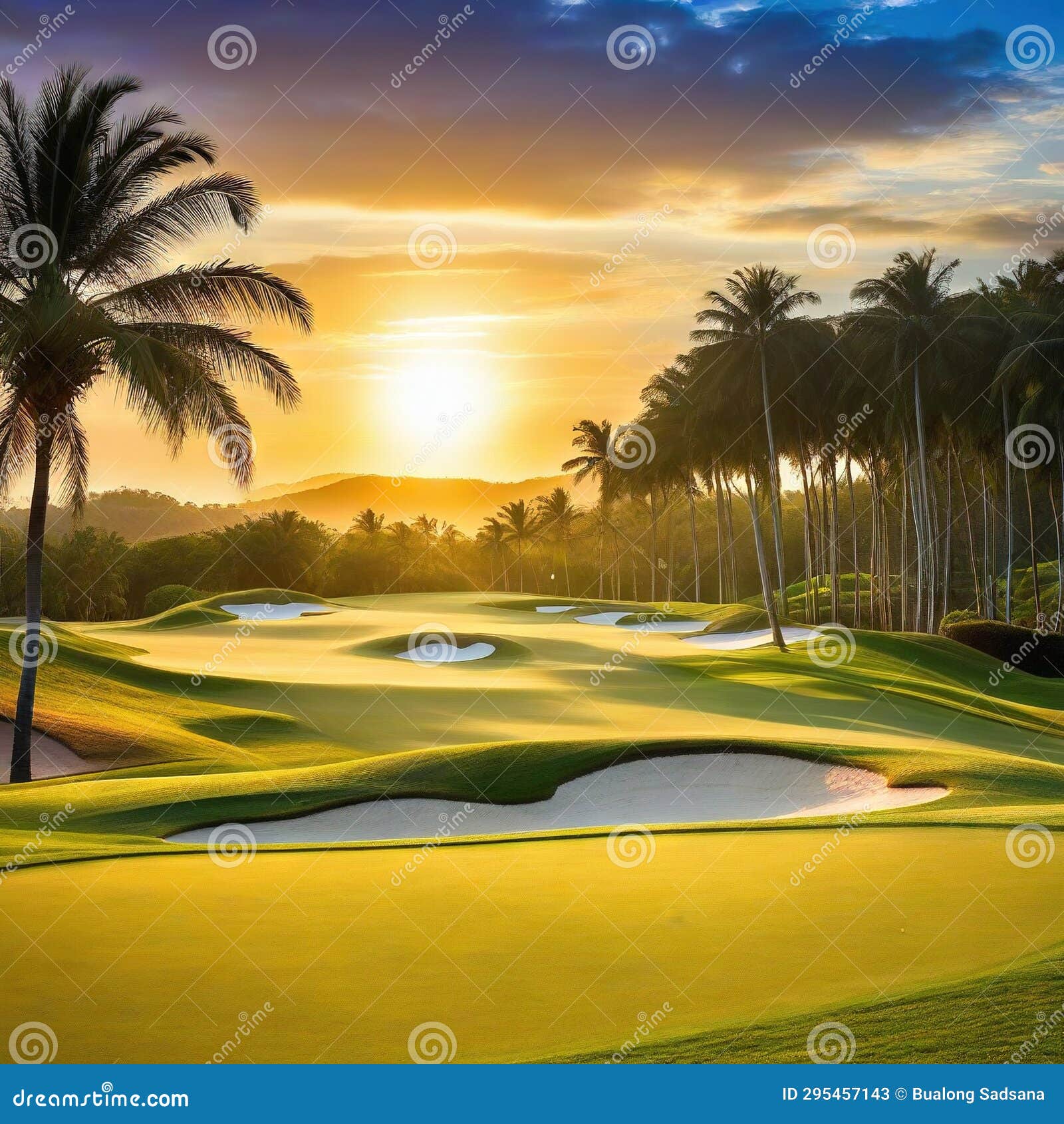Scenic Golf Course with Palm Trees and Blue Stock Illustration ...