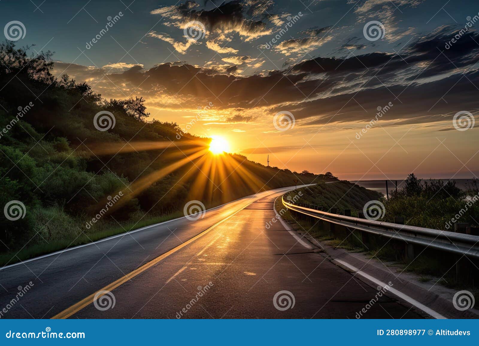 Scenic Highway with a View of the Sunrise, with Rays of Light Shining ...