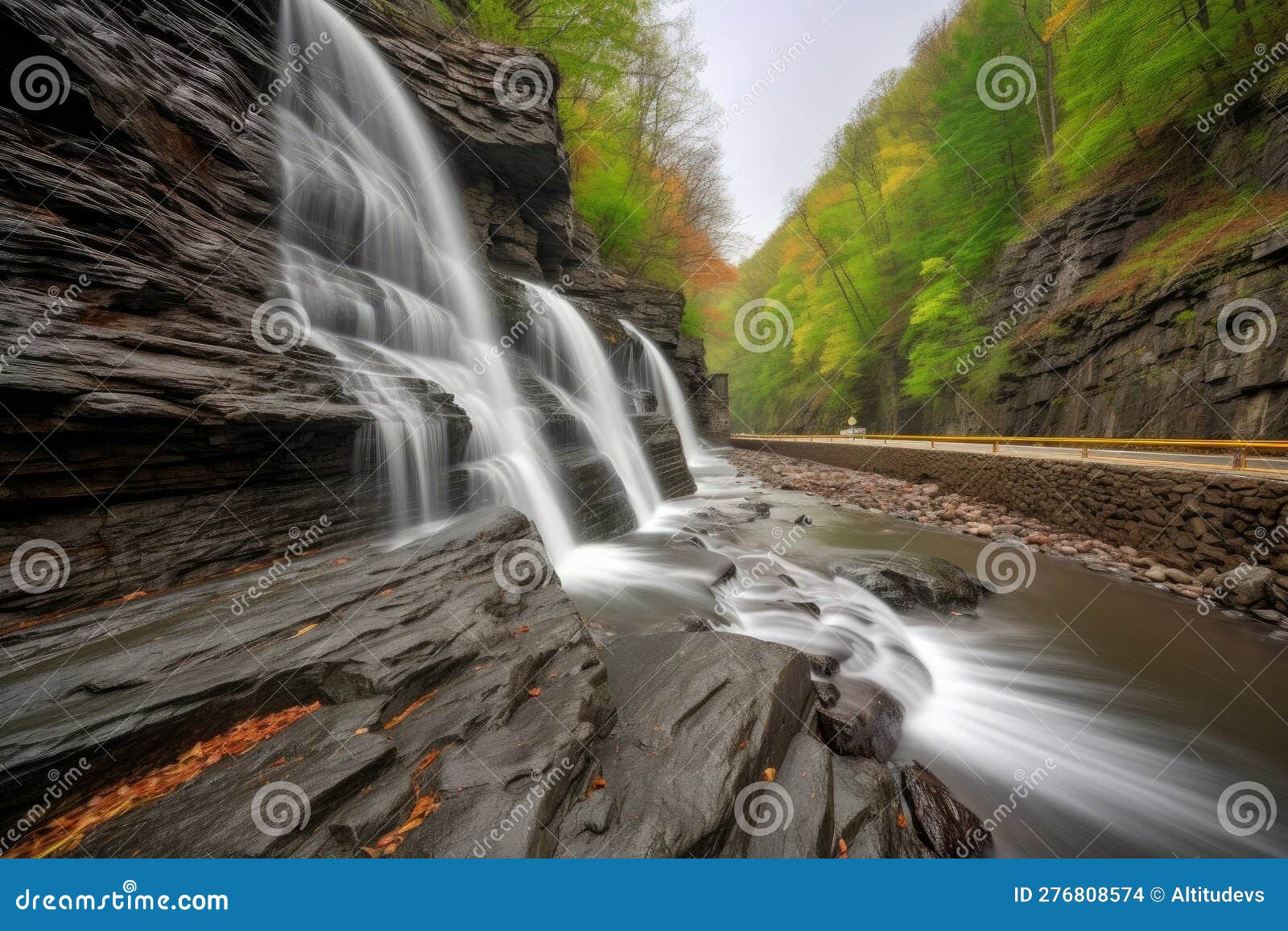 Scenic Highway, with View of Waterfall Cascading Down the Rocks Stock ...