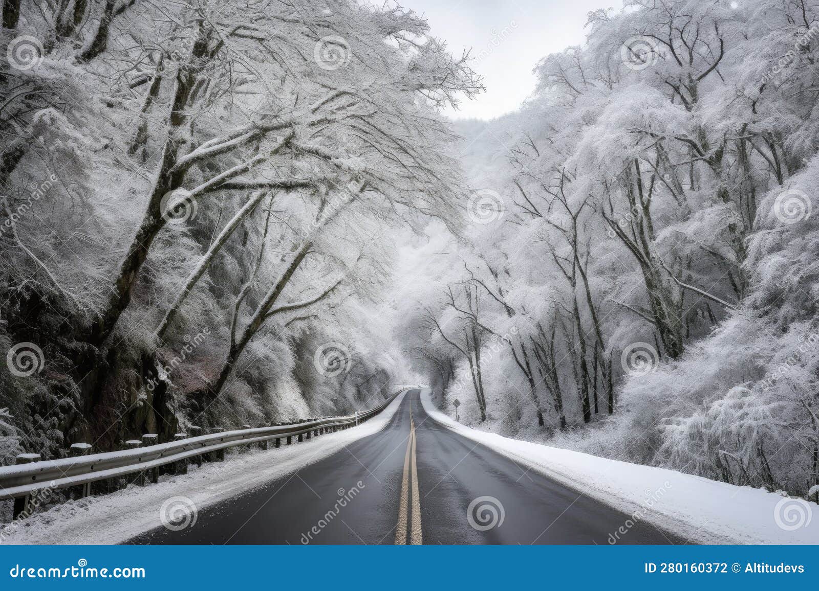 Scenic Highway in Winter, with Snow-covered Trees and Sparkling Snow ...