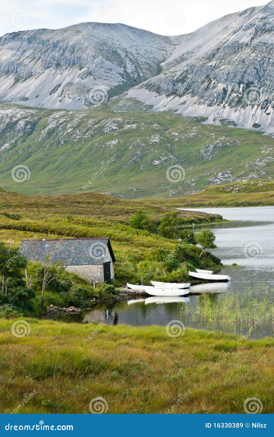 Scenic House in Valley with Sea and Boat Stock Image - Image of ...