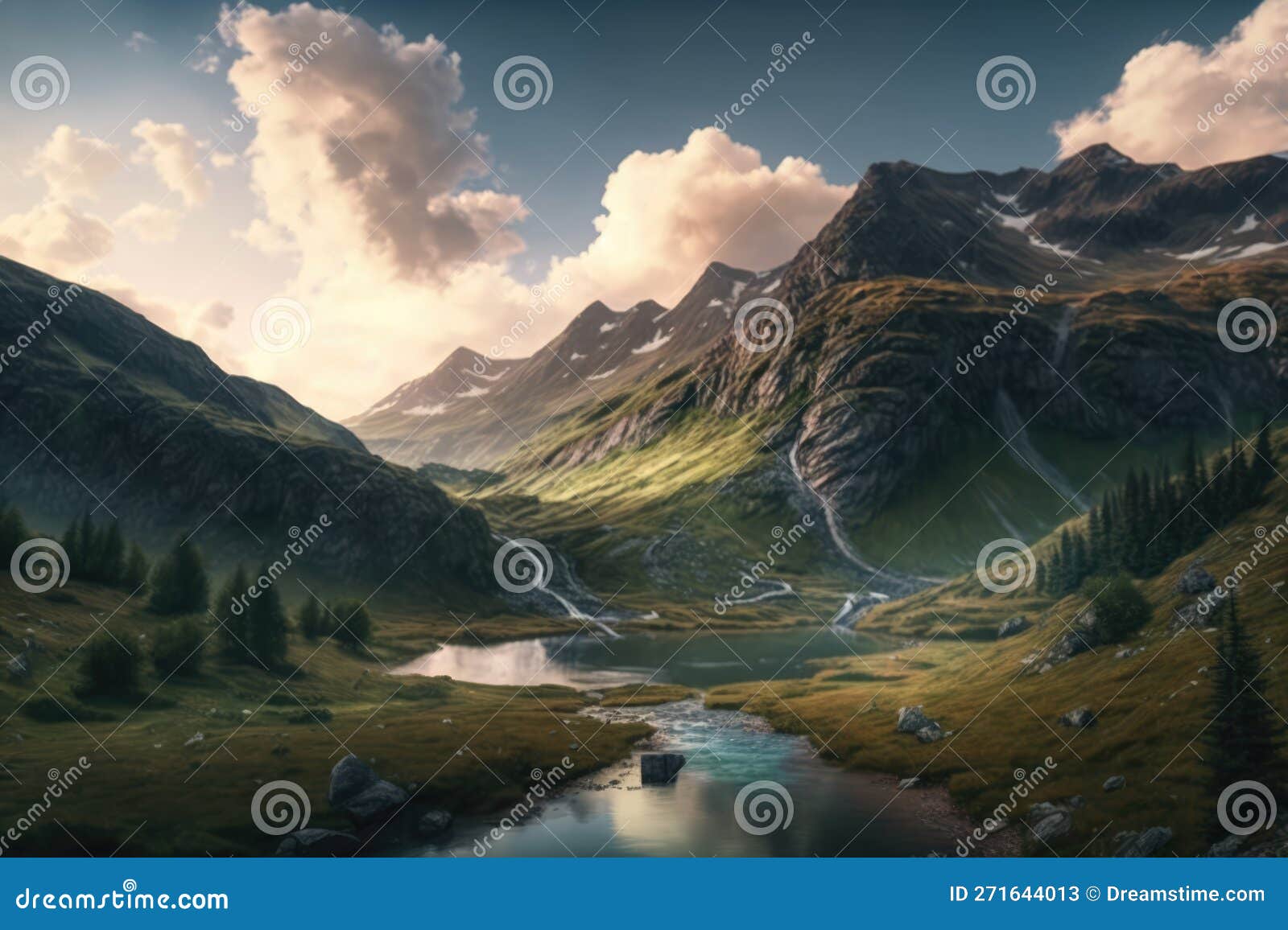Scenic Landscape with Mountains, Stream and Sky with Clouds, Created ...