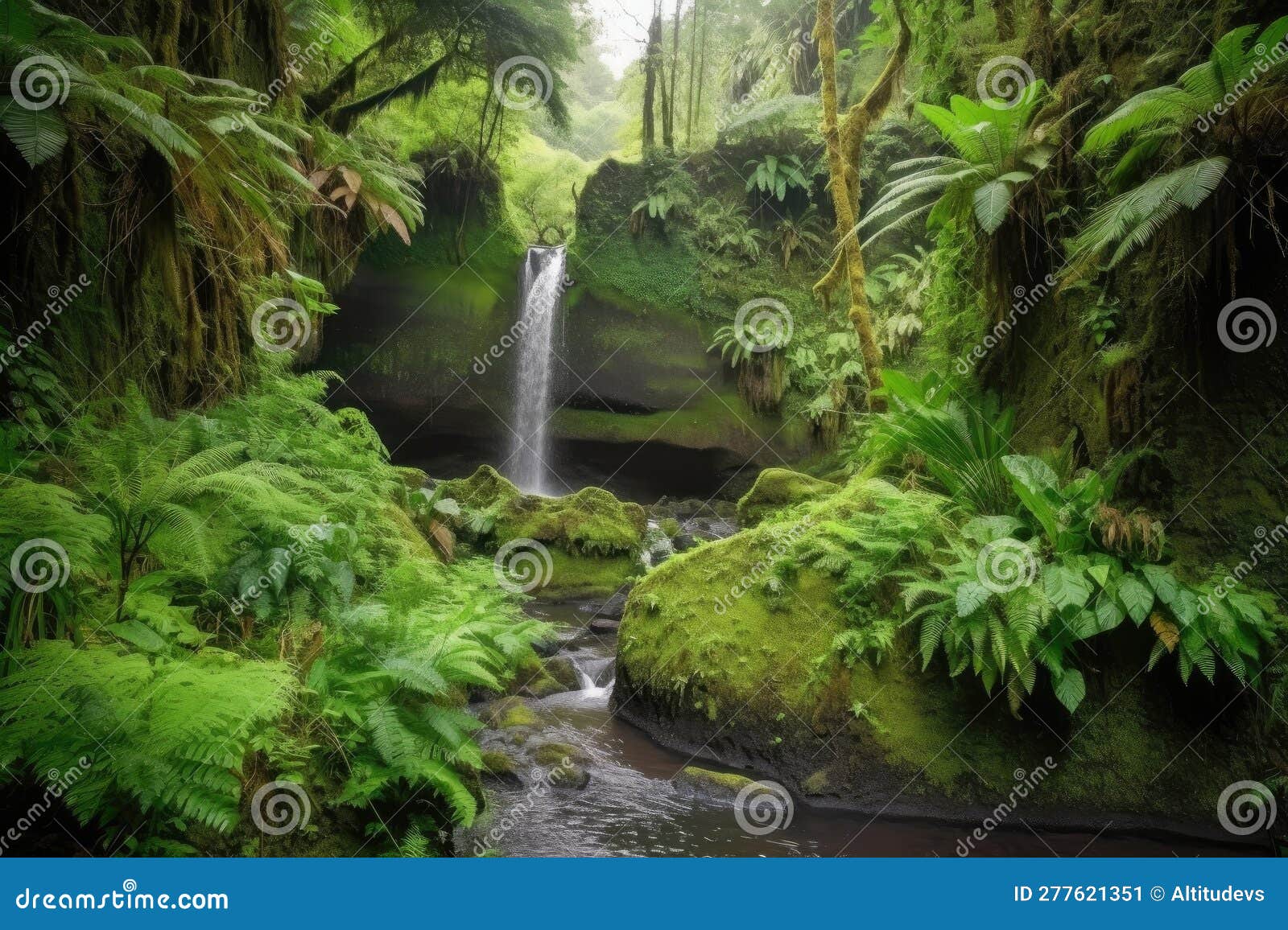 Scenic Landscape with Waterfall, Surrounded by Lush Greenery Stock ...