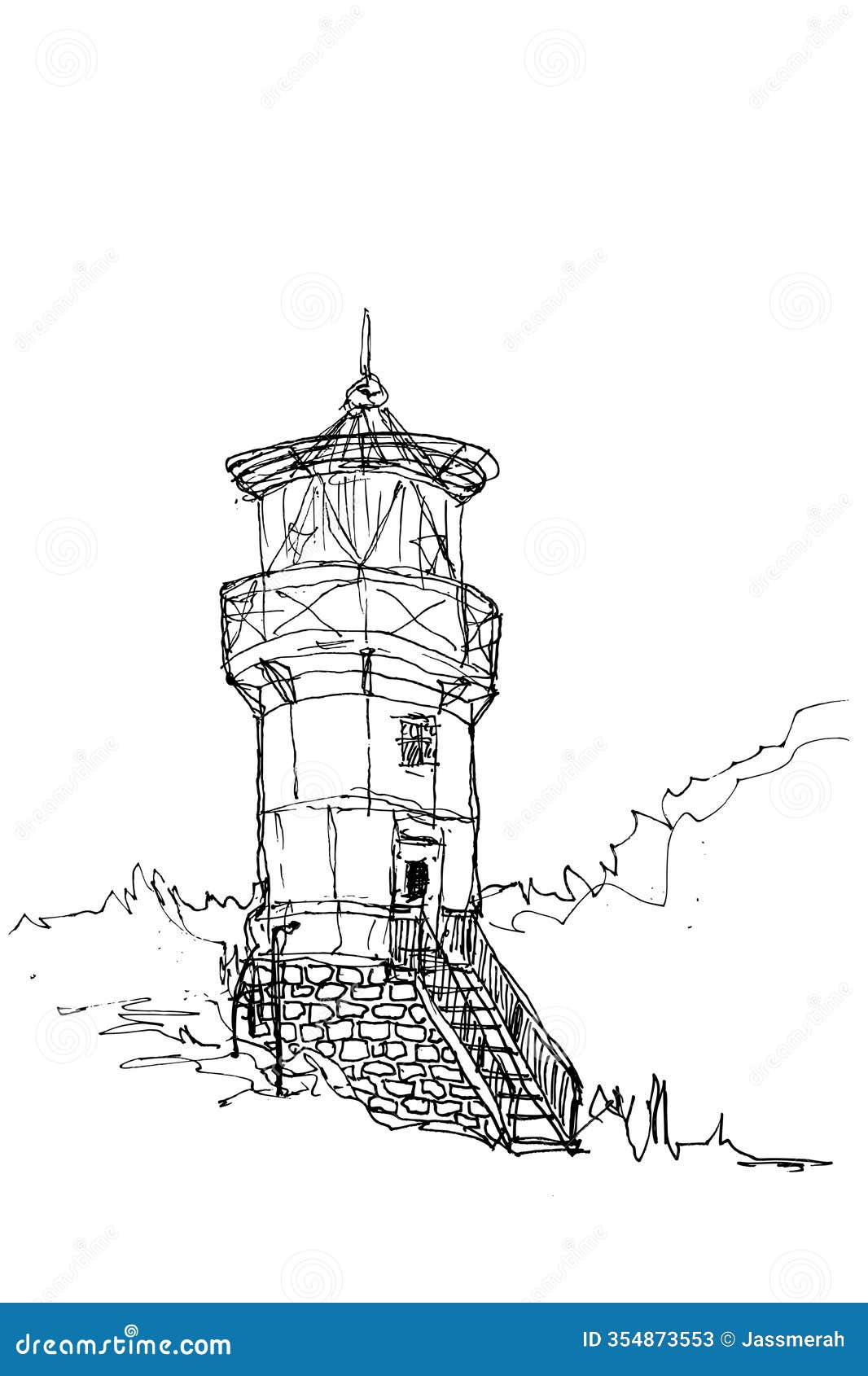 Scenic Lighthouse Tower, Simple Vector Sketch at White Background Stock ...
