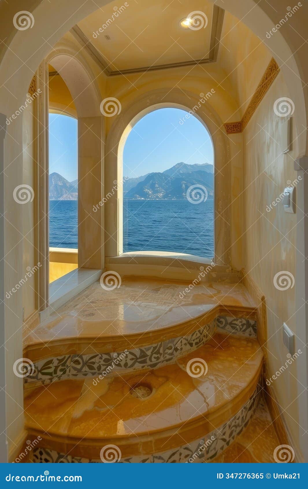 Scenic Mediterranean View from Elegant Arched Window Overlooking Ocean ...